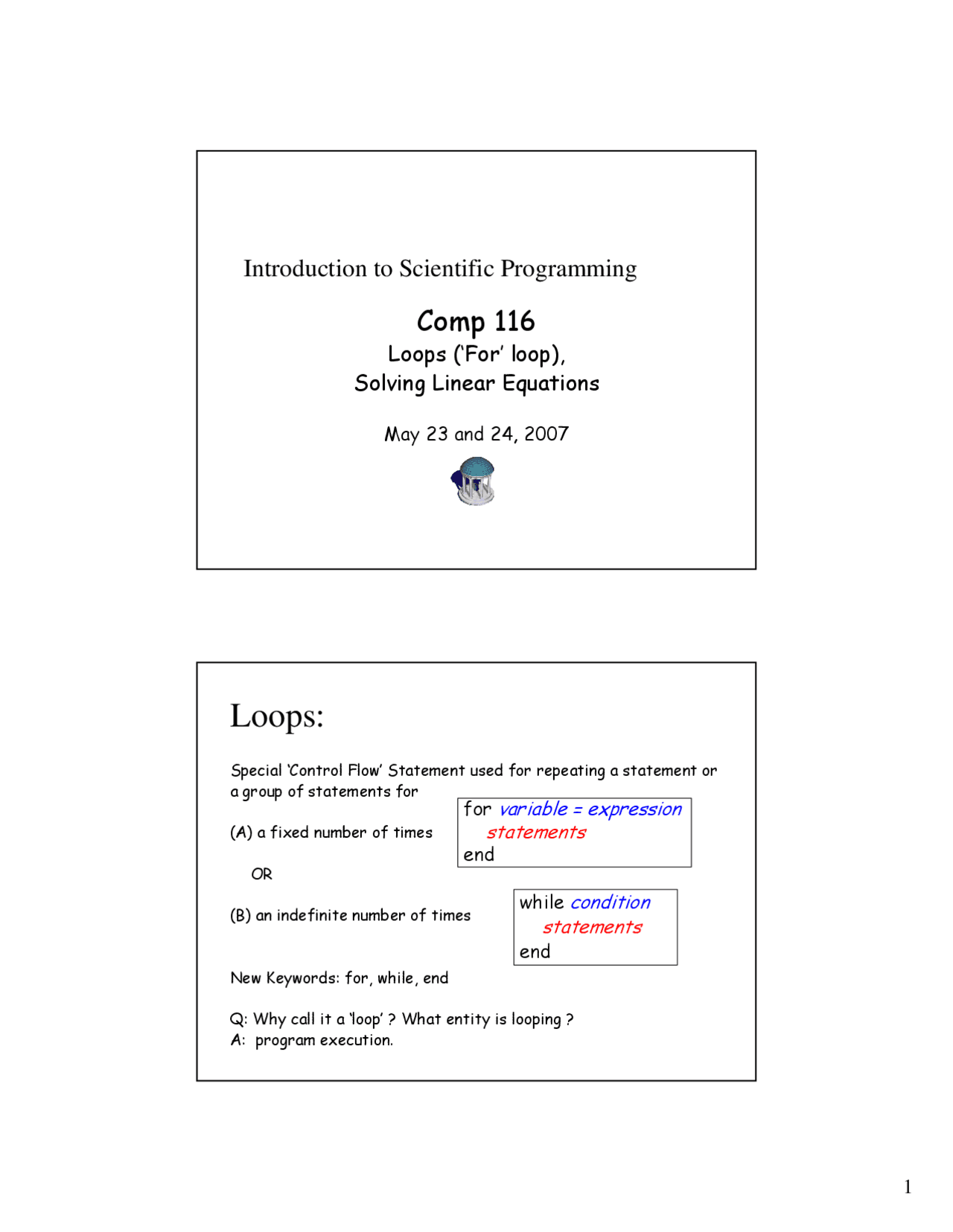 Loops For Solving Linear Equations Lecture Slides Comp 116 Docsity