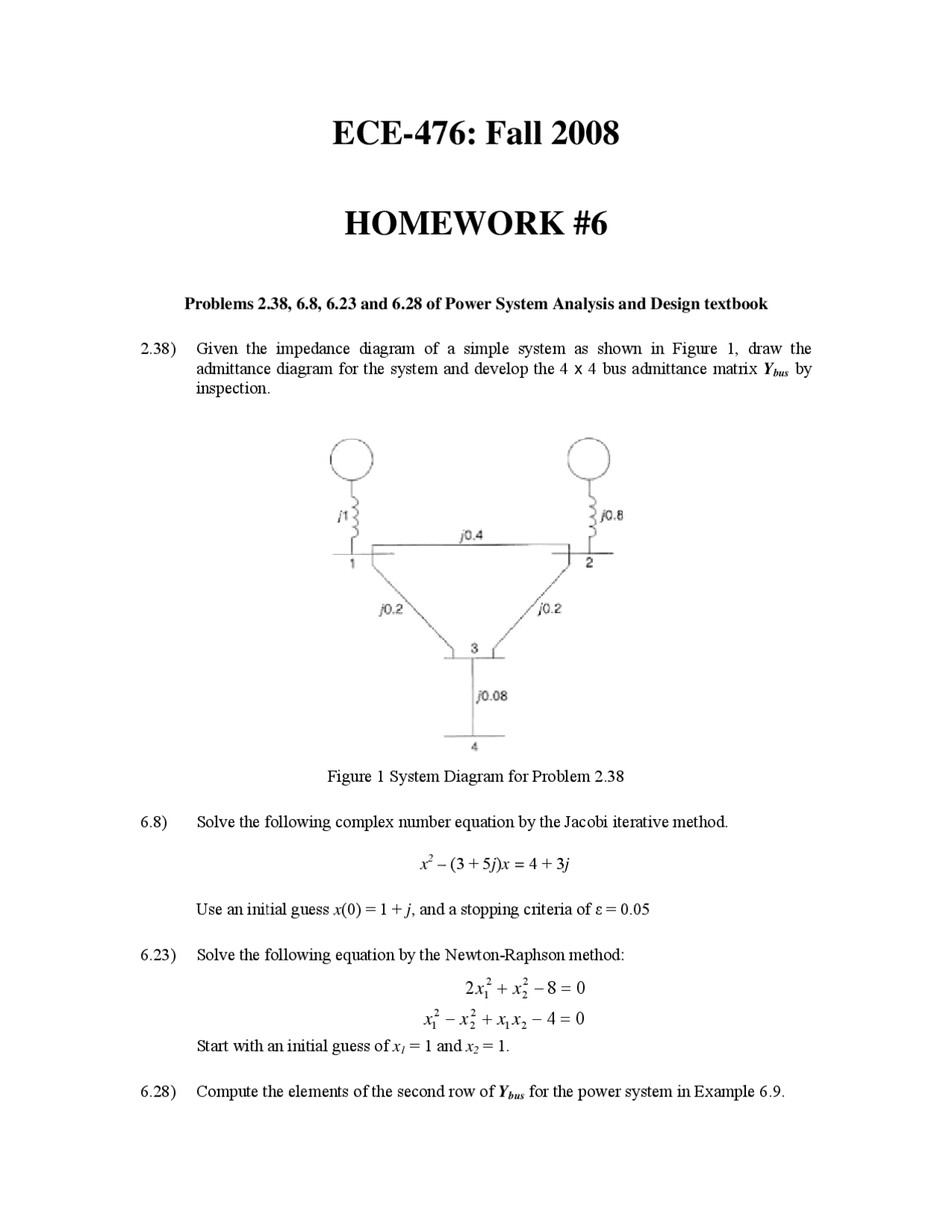 4 Problems on Power System Analysis - Assignment 6 | ECE 476 - Docsity