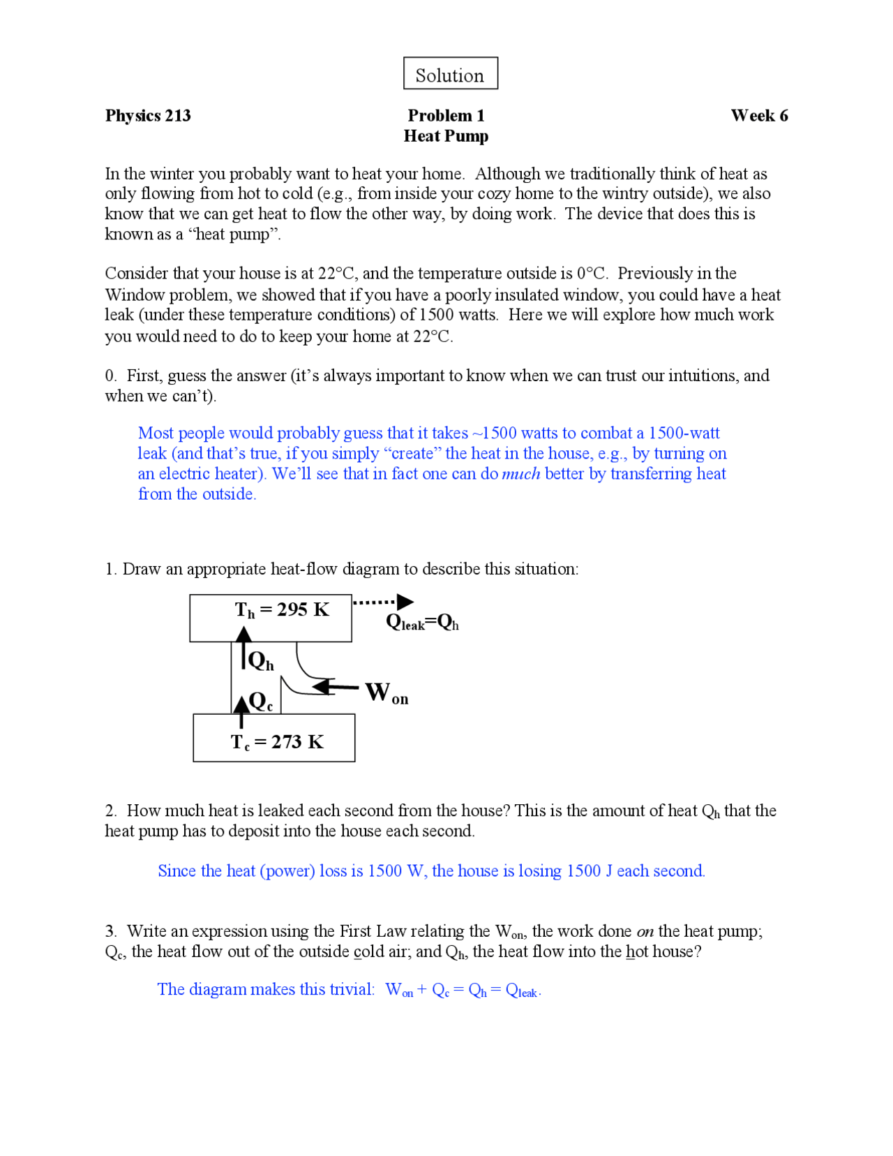 Heat Pump Assignment 6 With Solution Thermal Physics Phys 213