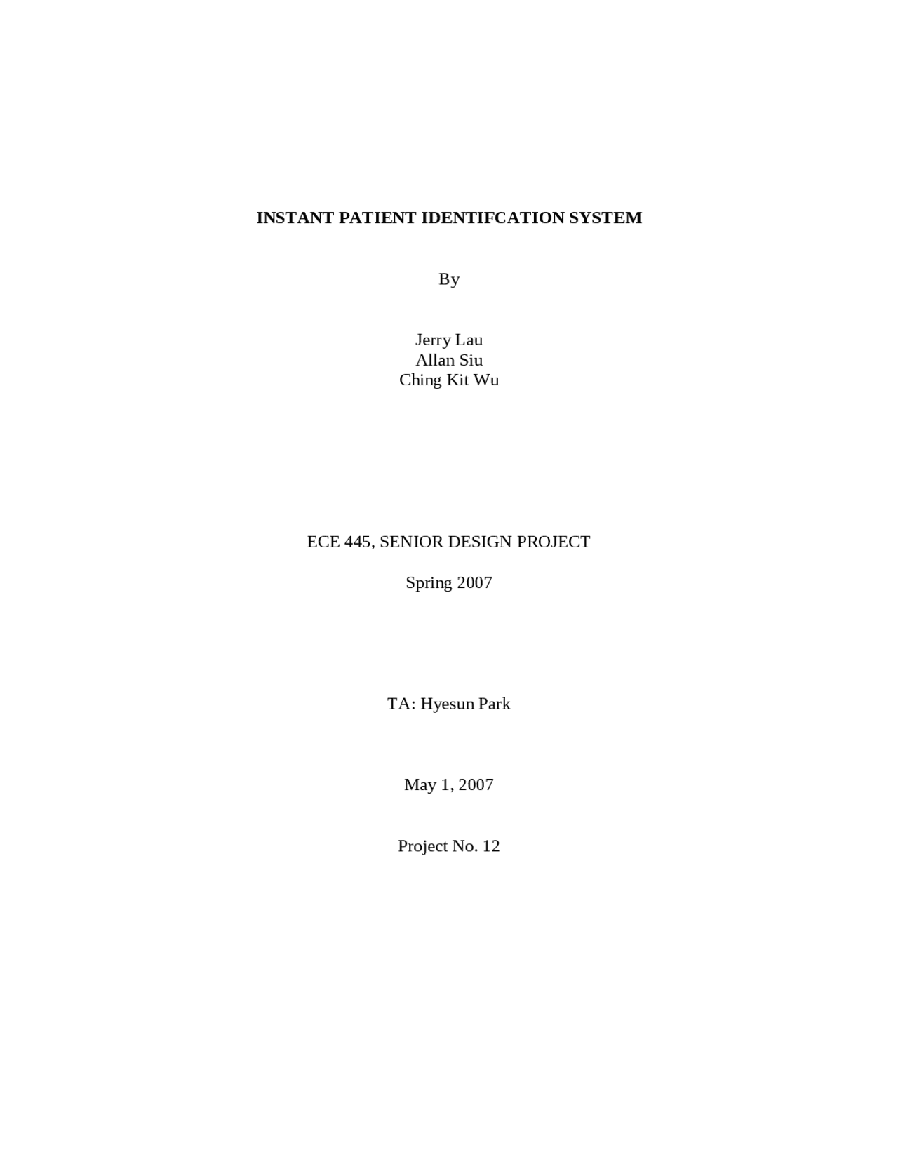 Patient Identification System Senior Design Project Lab Ece 445