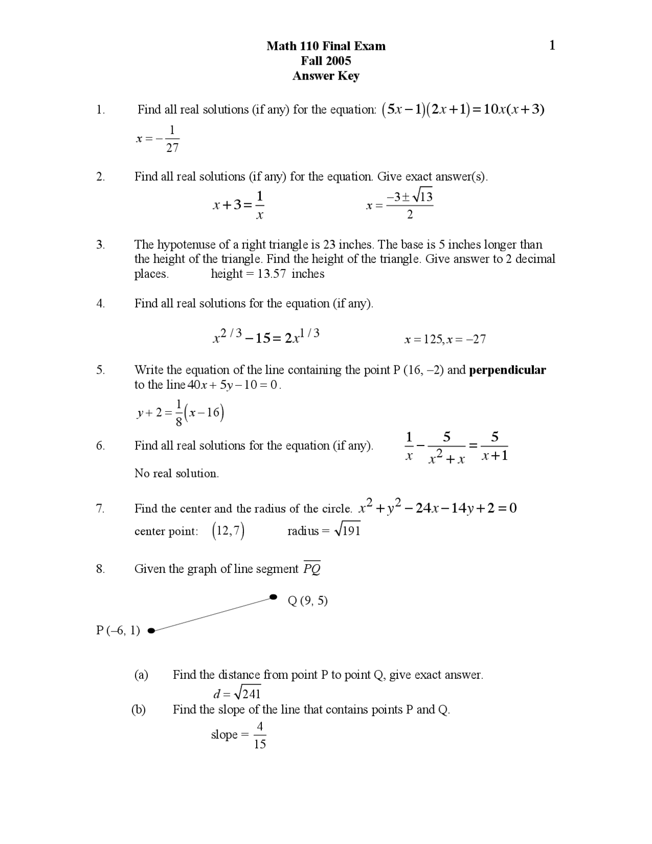 Math 110 Final Exam Answer Key - Fall 2005 - Prof. Mark McCombs | Exams ...