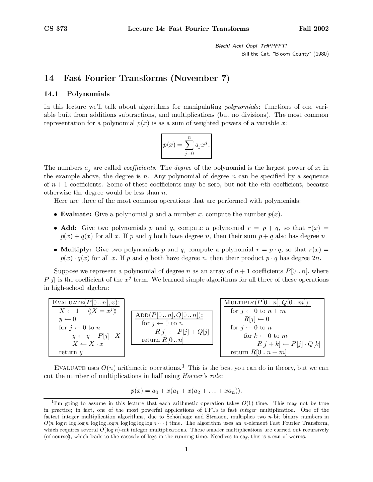 Lecture Notes On Fast Fourier Transforms Cs 373 Docsity