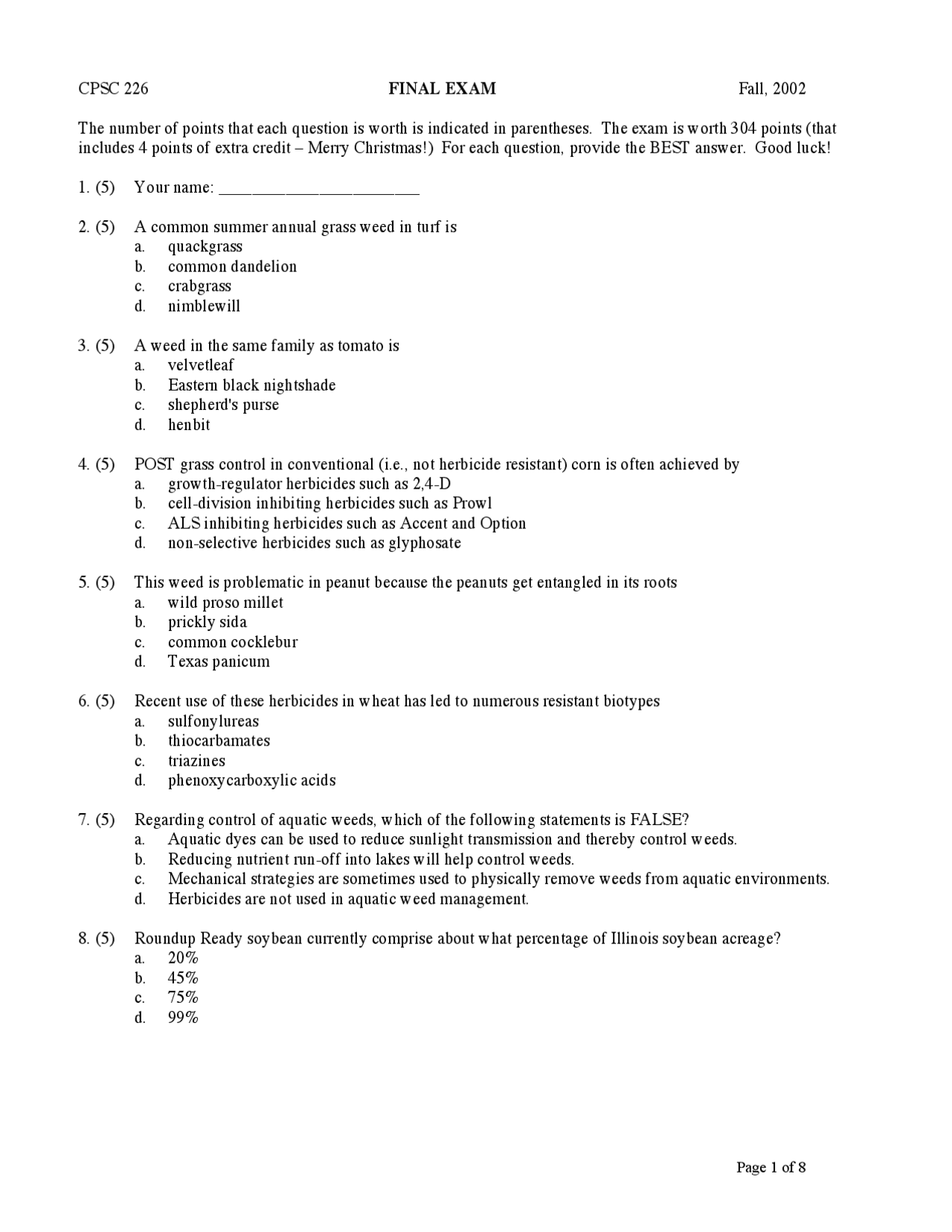 63 Multiple Choice Questions On Introduction To Weed Science Cpsc 226