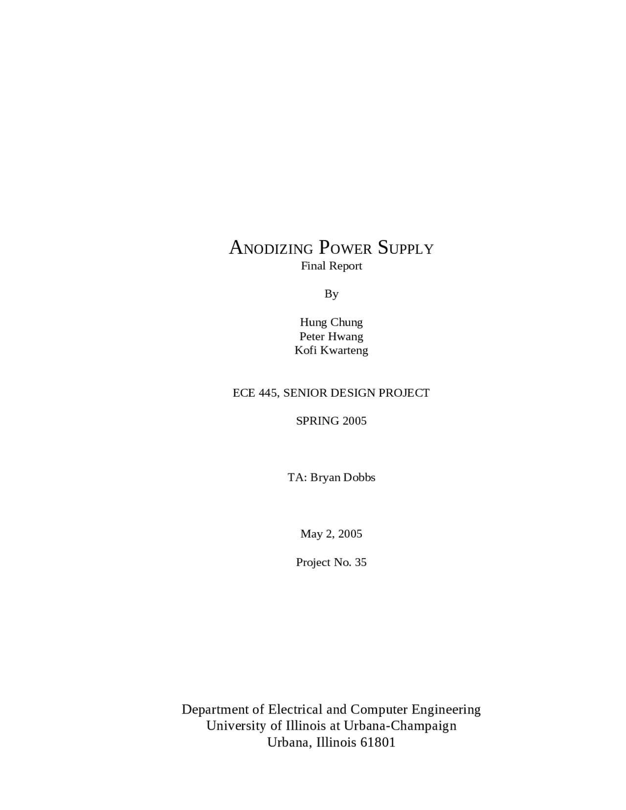 Anodizing Power Supply Project 35 Report Ece 445 Docsity