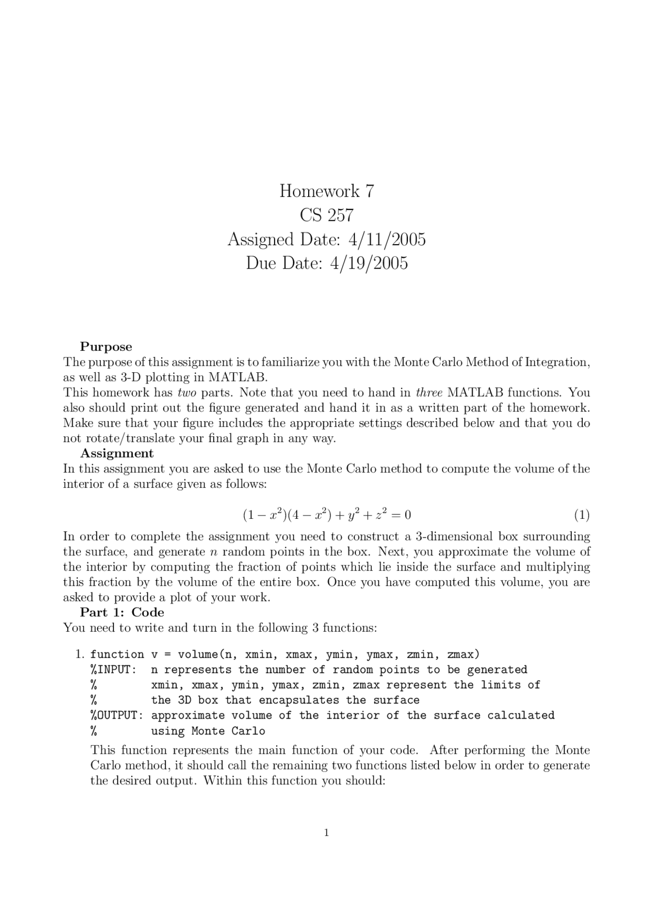 Homework 7 Numerical Methods 2005 Cs 257 Docsity