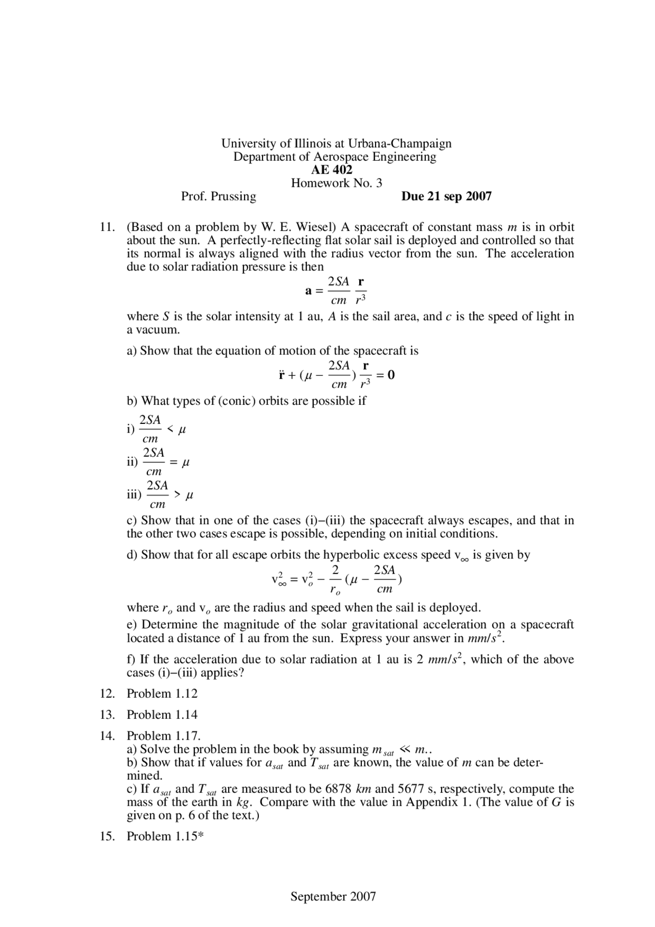 7 Unsolved Problem on Orbital Mechanics - Homework 3 | AE 402 ...