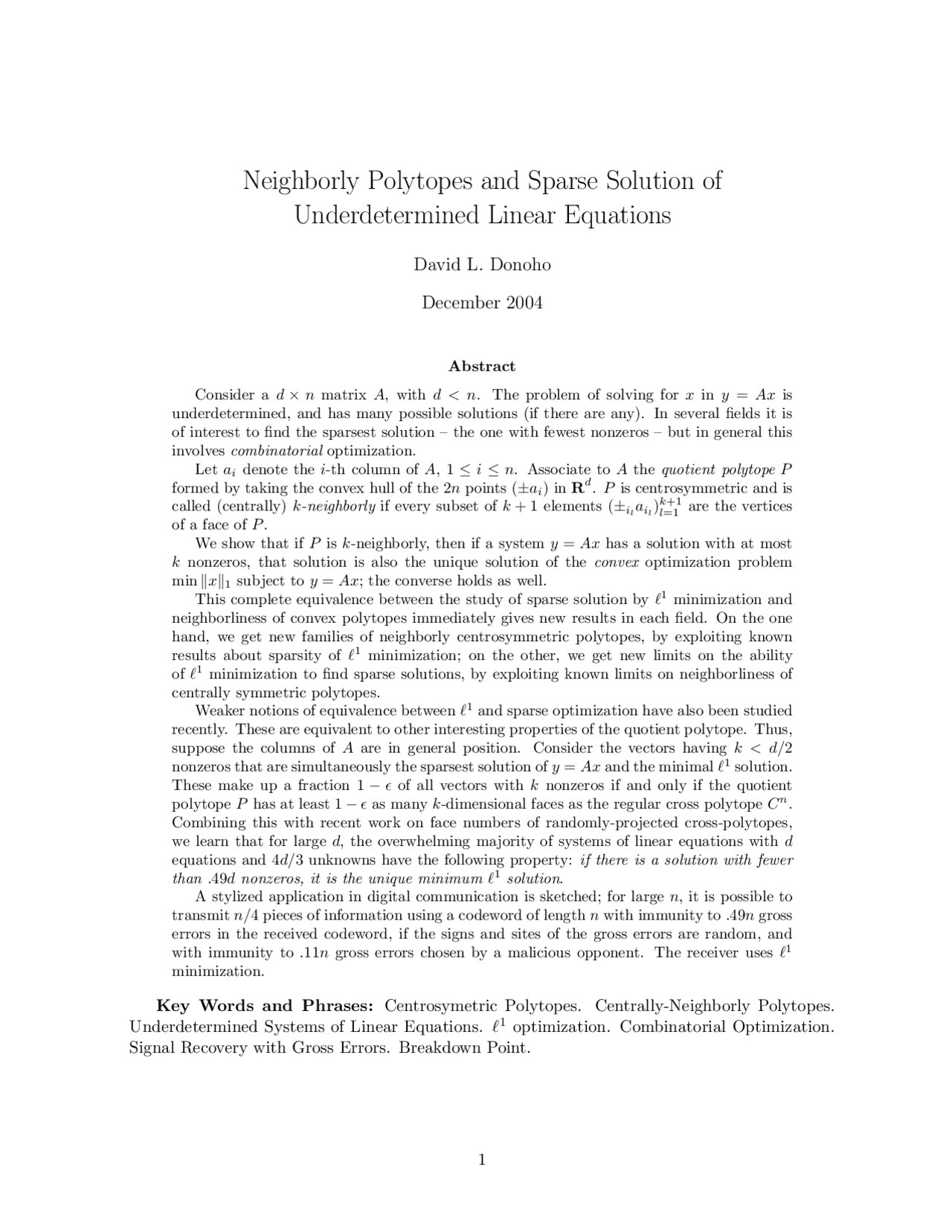 Neighborly Polytopes And Sparse Solution Of Underdetermined Linear Equations Ece 598 Docsity