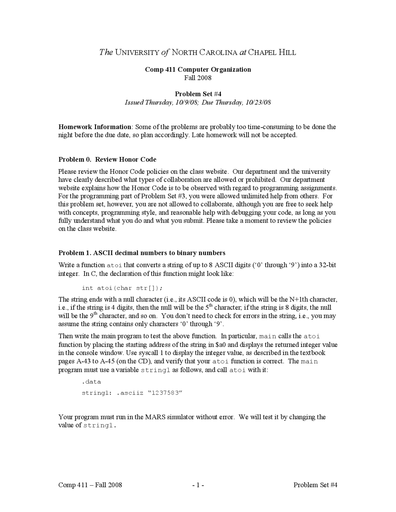 Computer Organization Problem Set 4 Comp 411 Docsity