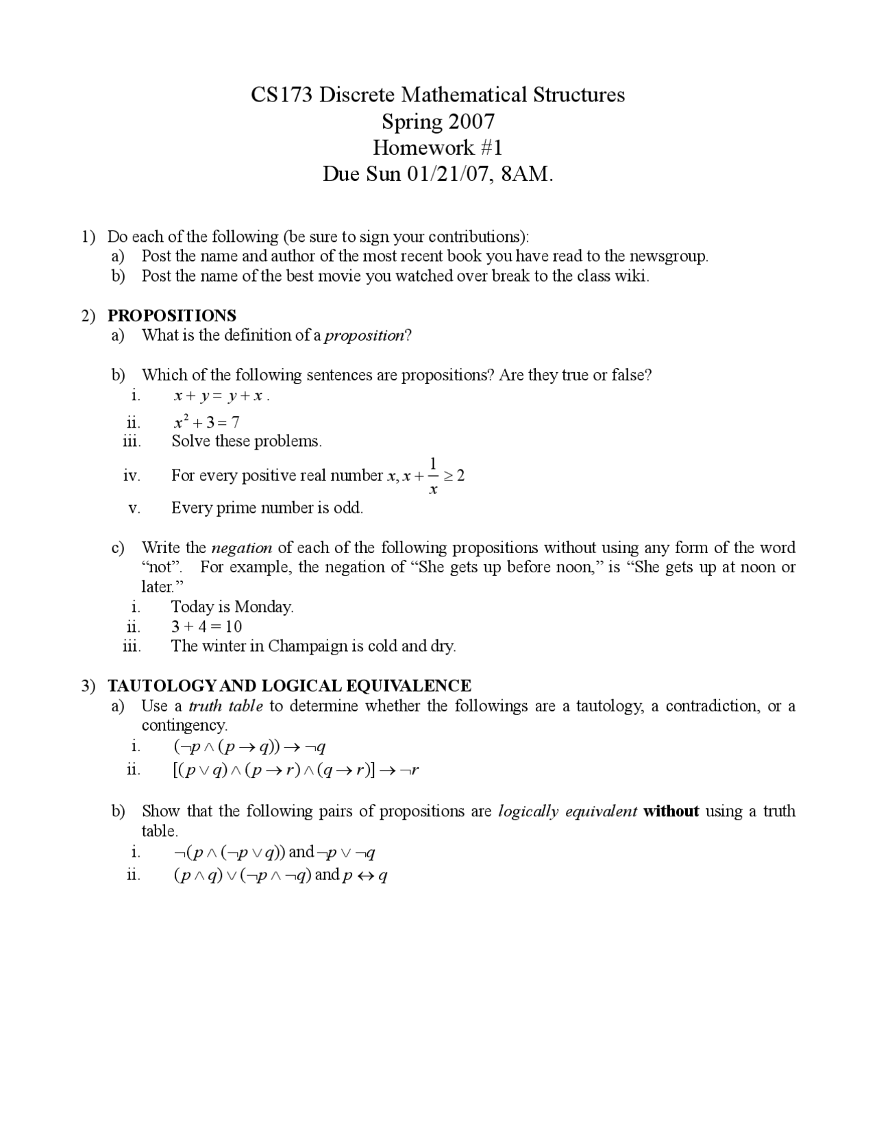 Practice Problems On Discrete Mathematical Structures Homework 1 Cs 173 Docsity