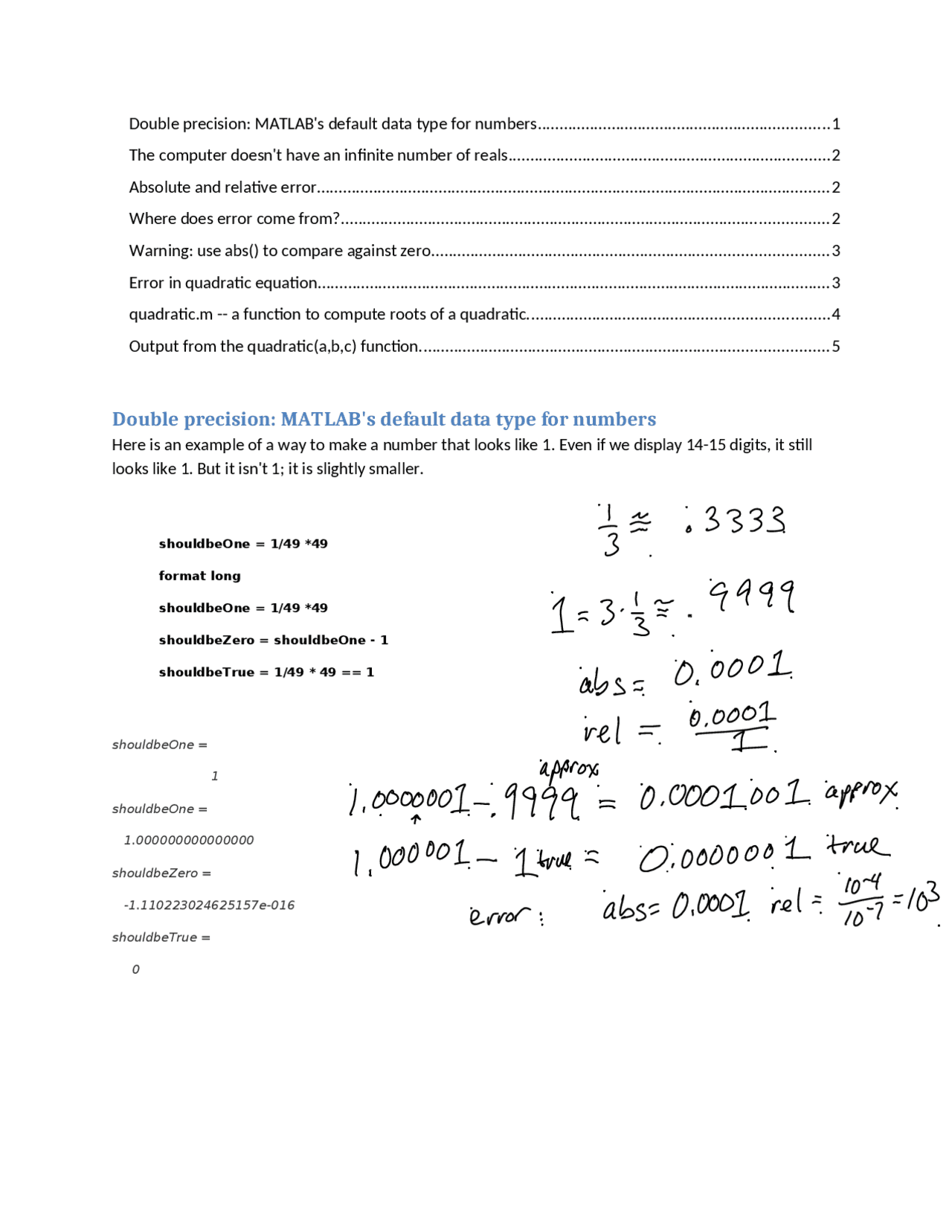 Double Precision: Matlab's Default Data type for Numbers | COMP 116 - Docsity