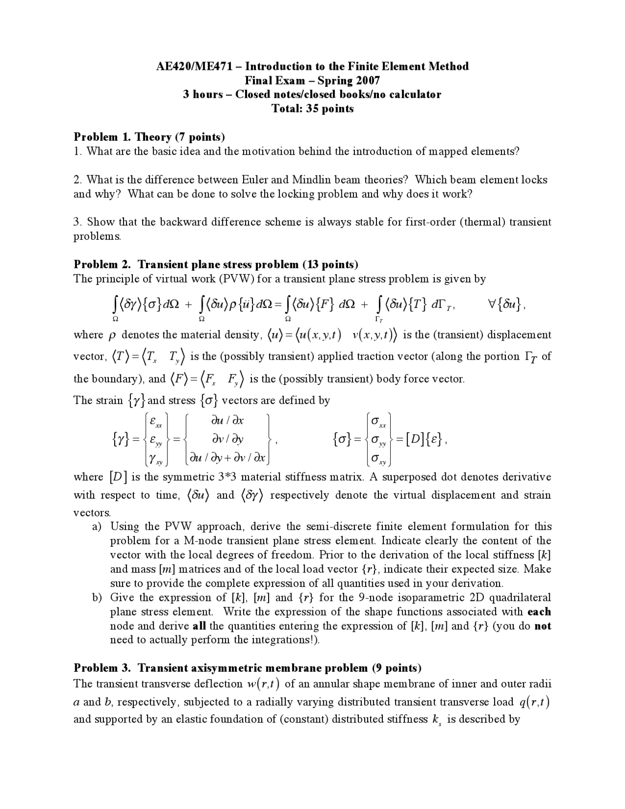 Final Exam Problems Finite Element Analysis Ae 420 Docsity