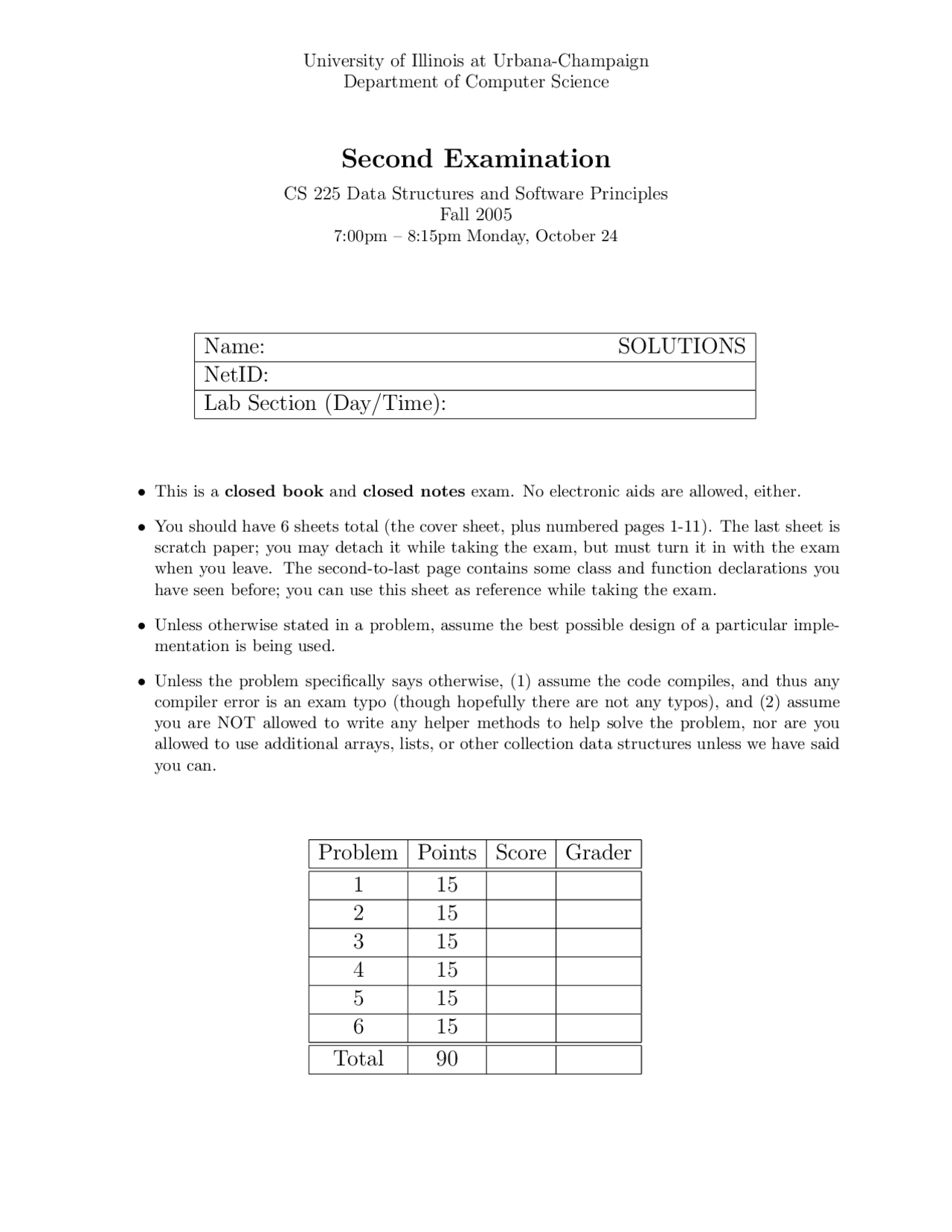 Data Structures and Software Principle - Exam 2 | CS 225 - Docsity