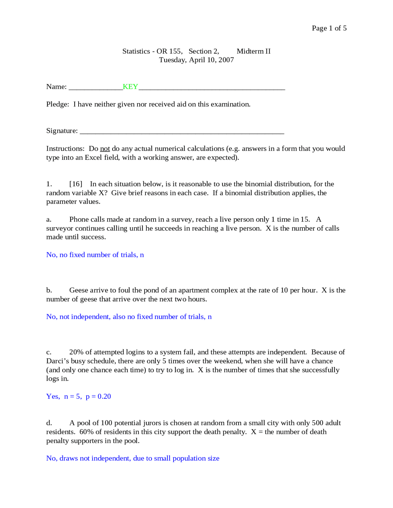 Midterm Exam 2 With Answer Key Introduction To Statistics Stor 155