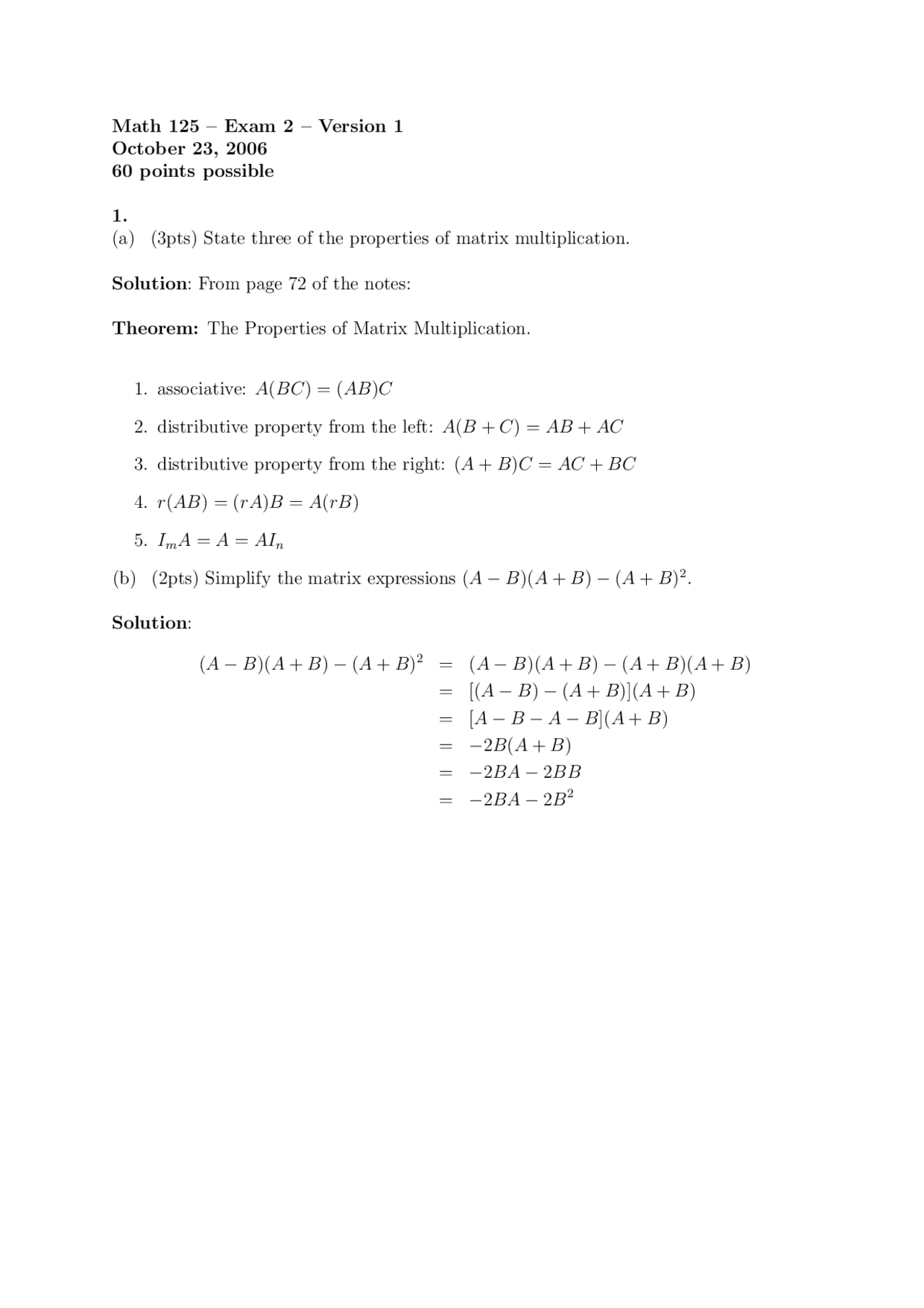 Math 125 Exam 2: Matrix Multiplication, Inverses, and Linear Systems | Exams Linear Algebra ...
