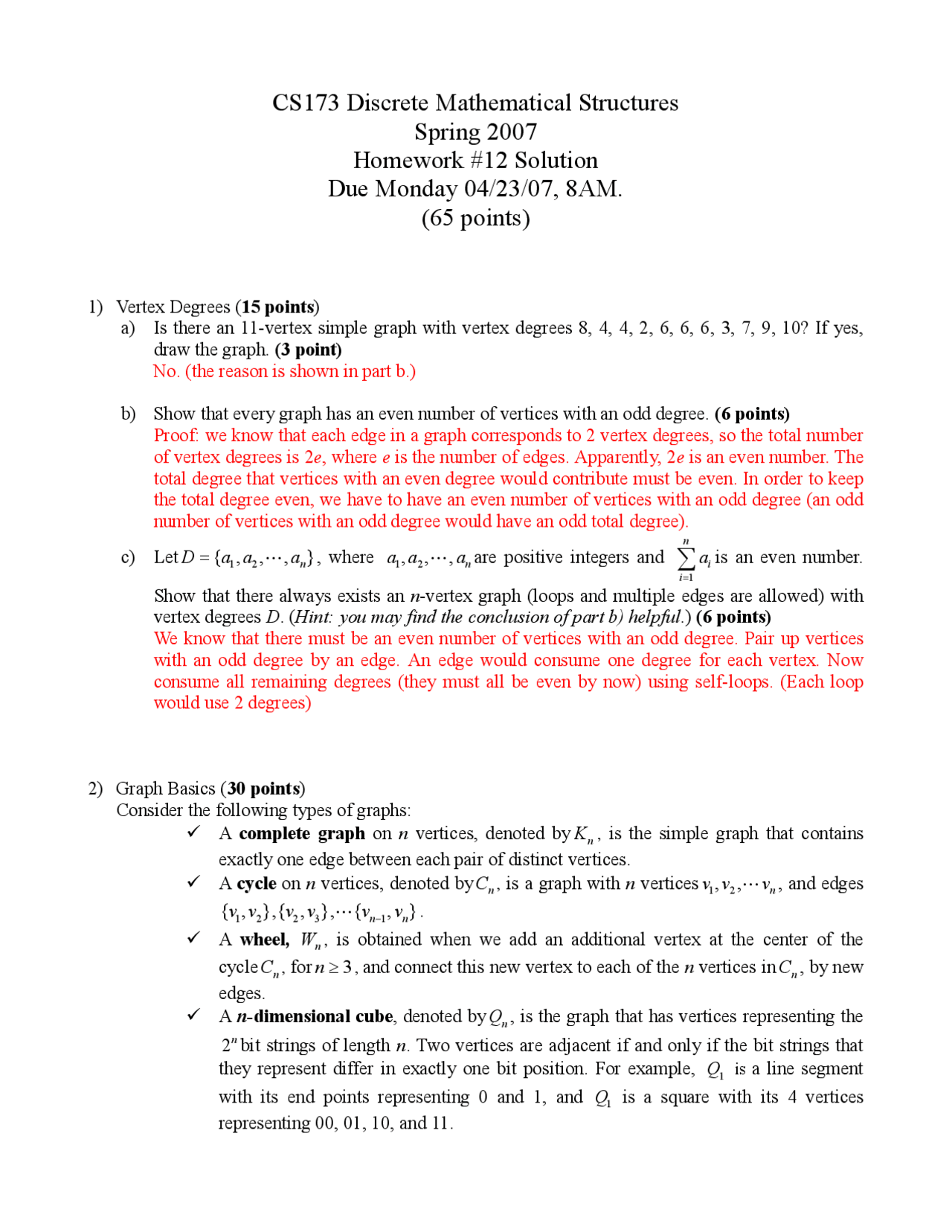 Homework 12 Solutions - Discrete Mathematical Structures | CS 173 - Docsity