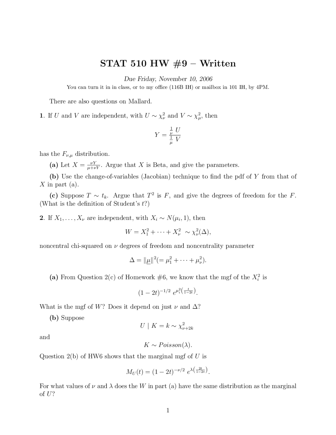 Practice Homework 9 Mathematical Statistics I Stat 510 Docsity
