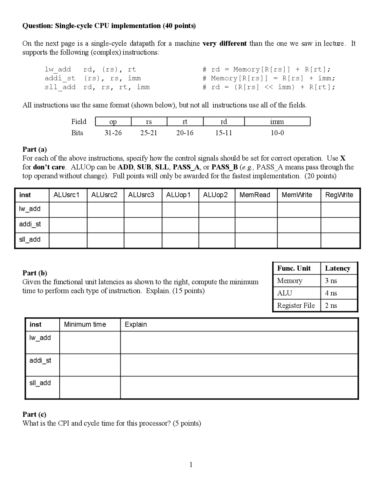 Single Cycle Cpu Implementations Question Computer Architecture Ii Cs 232 Docsity 