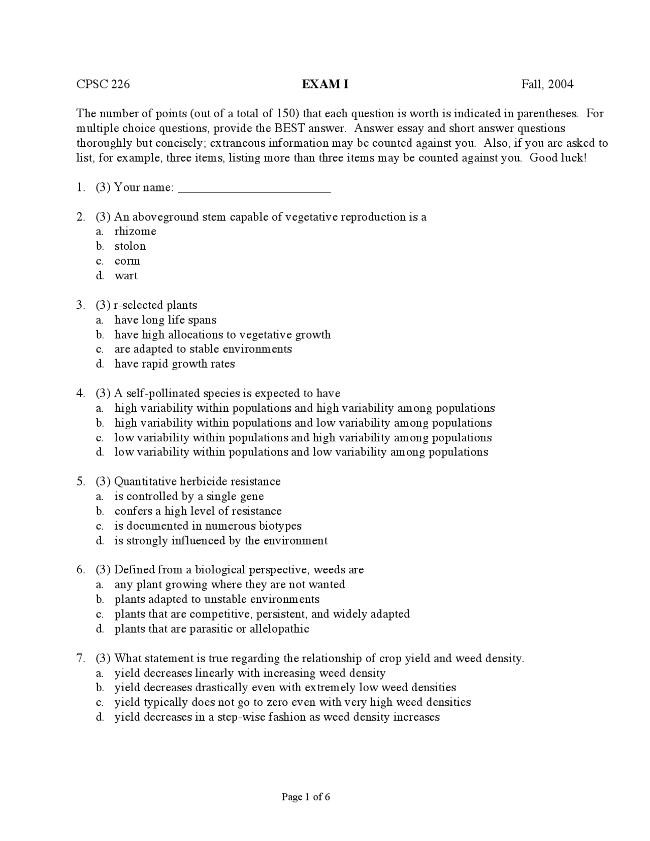 Exam 1 For Introduction To Weed Science Fall 2004 Cpsc 226 Docsity