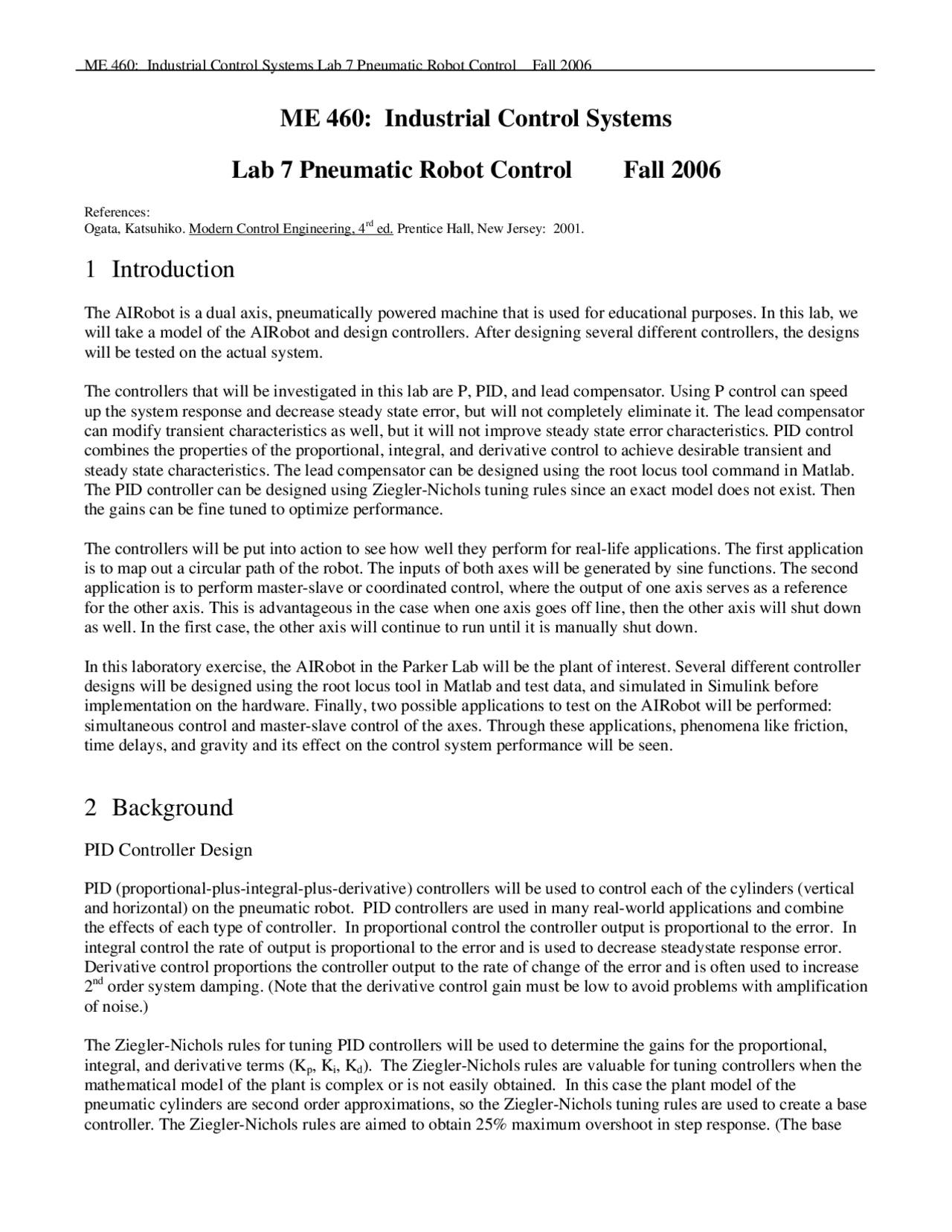 Lab 7: Pneumatic Robot Control | ME 460 - Docsity