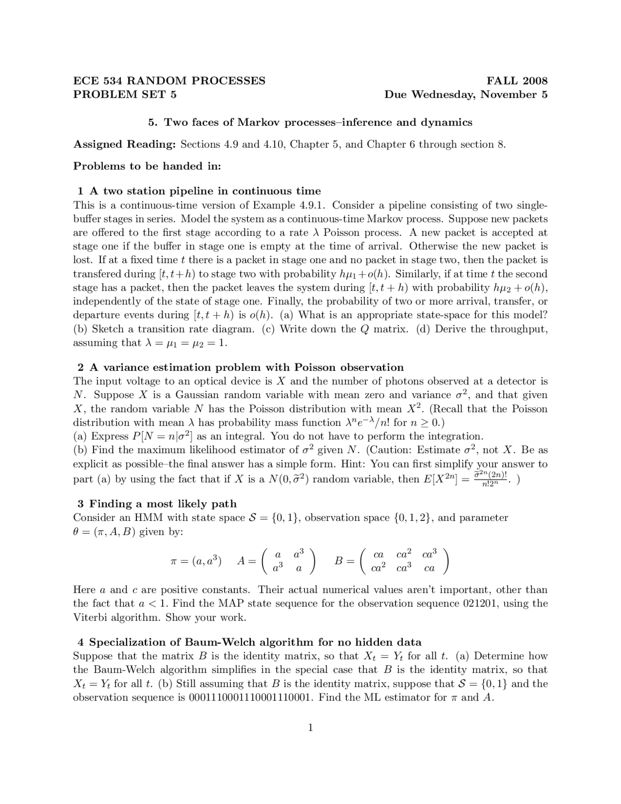 Problem Set 5 With 8 Problems On Random Processes Ece 534