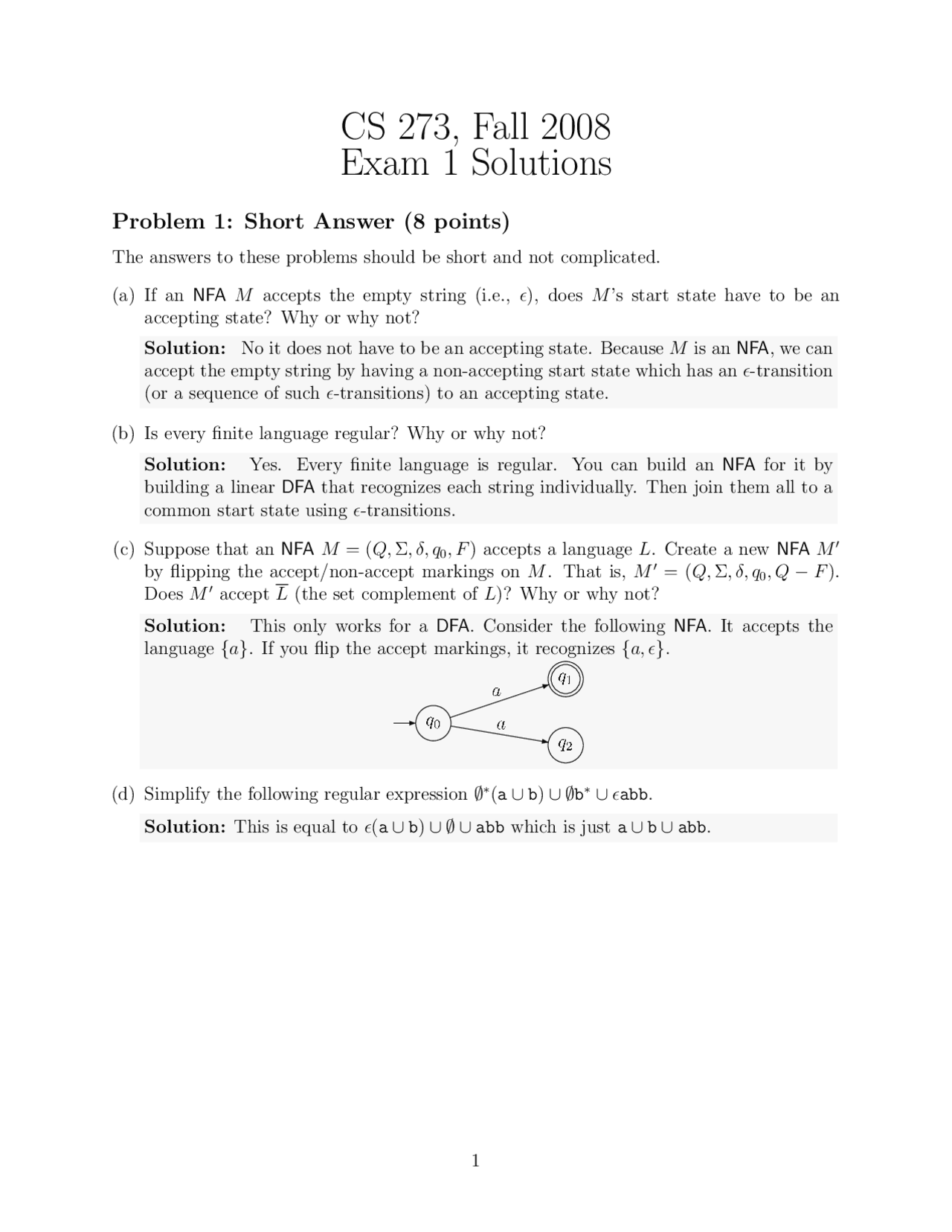 Exam 1 Problems With Solution Theory Of Computation Cs 373 Exams Computer Science Docsity