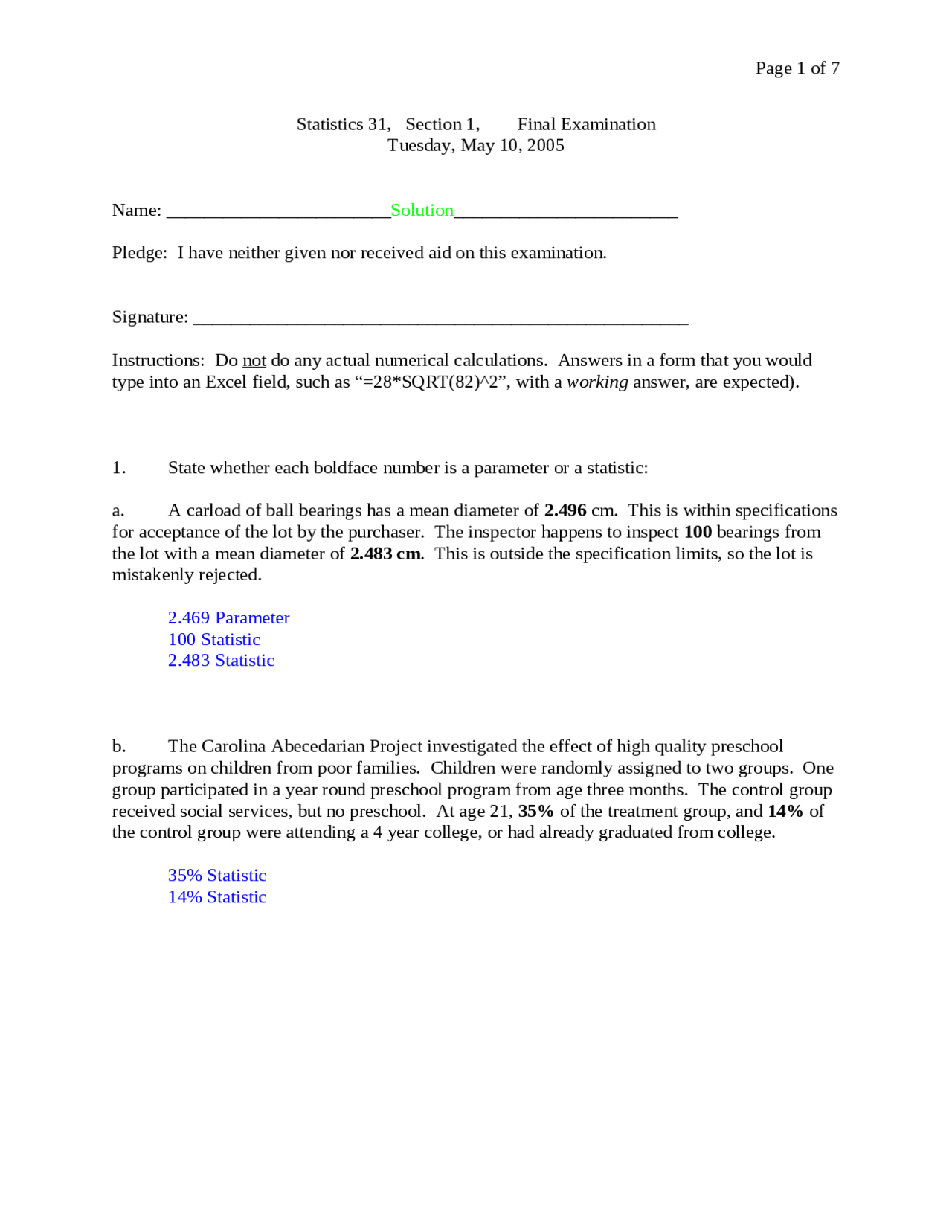 Final Exam Solutions Introduction To Statistics Stor 155 Docsity