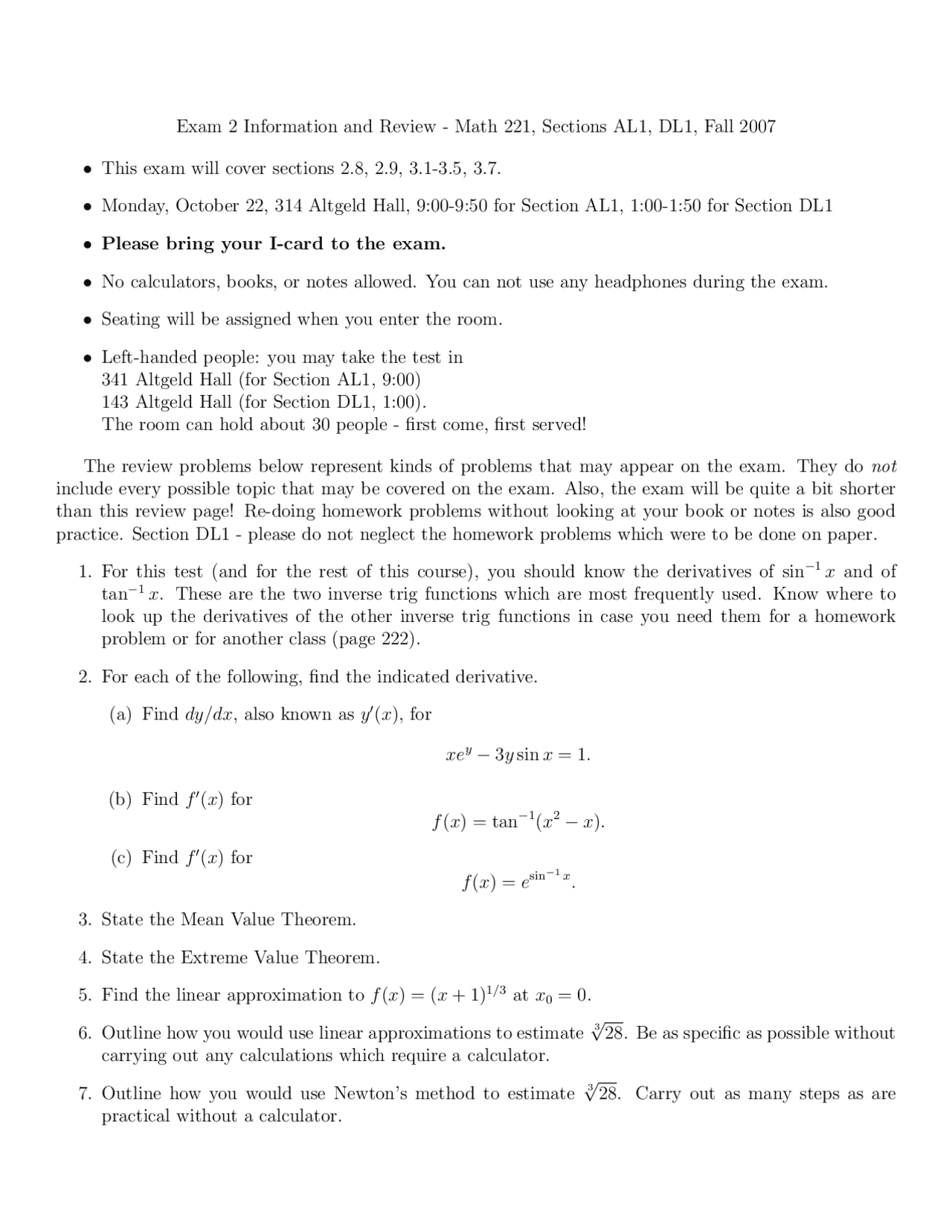 Exam 2 Information and Review - Calculus I | MATH 221 - Docsity