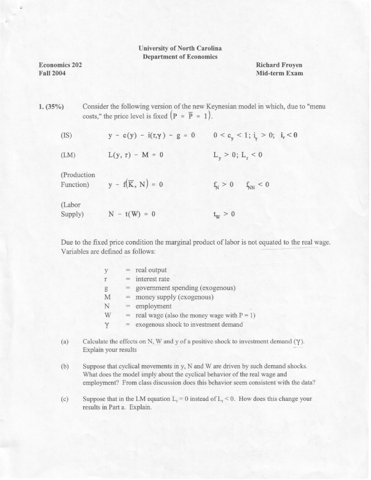 Midterm Exam For Advanced Macroeconomic Theory I Econ 720 Docsity
