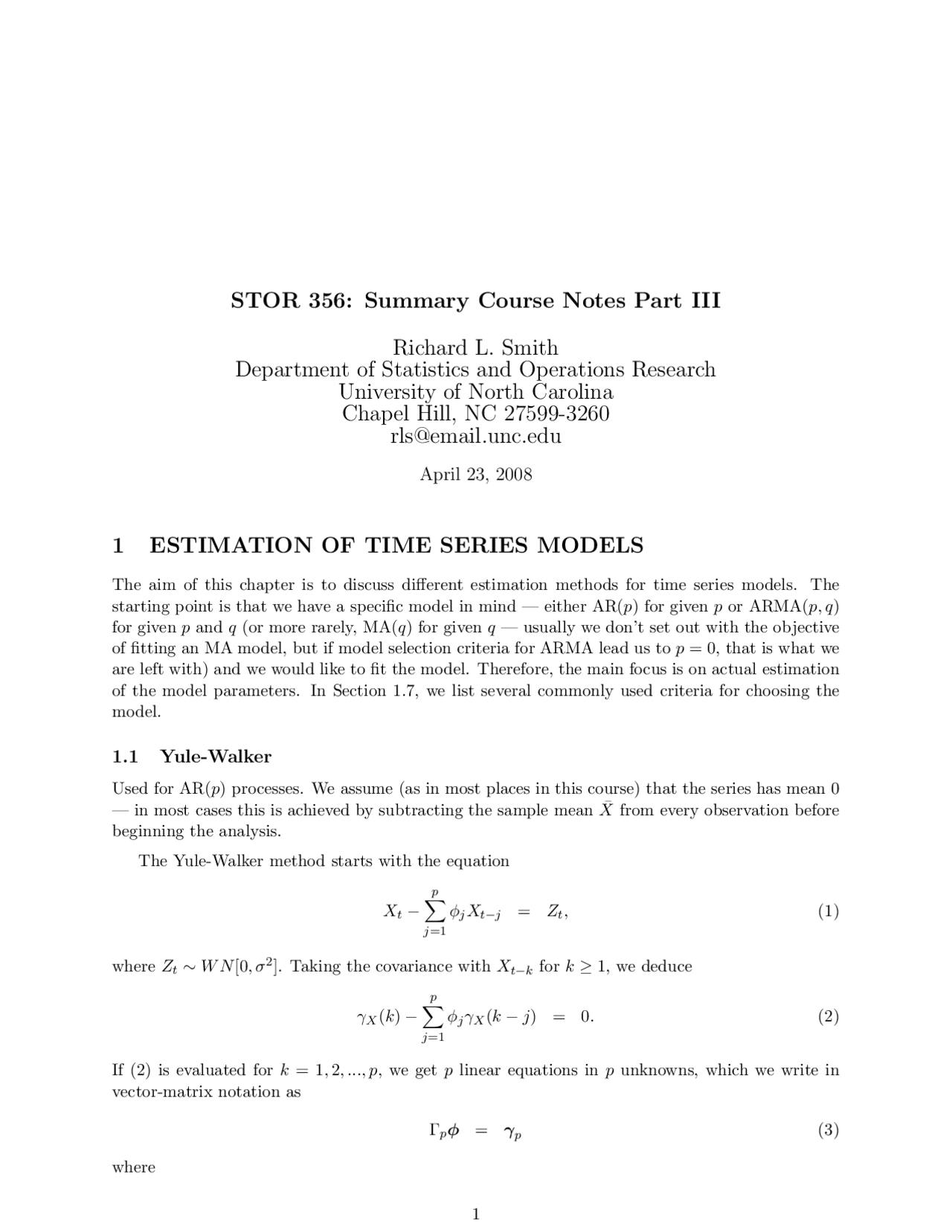 Estimation Of Time Series Models Summary Course Notes Part Iii Stor