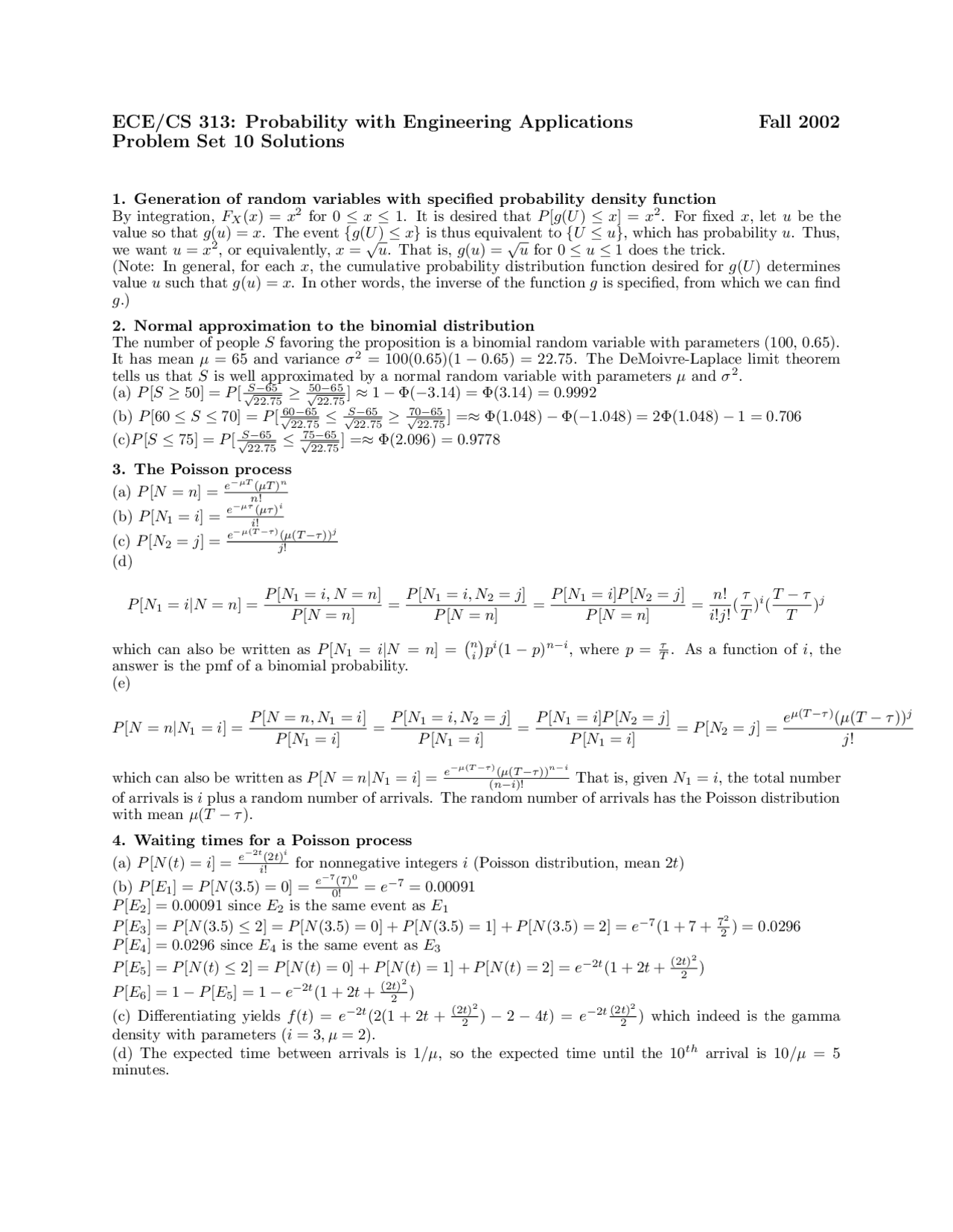 Probability with Engineering Applications - Problem Set 10 Solved | ECE ...