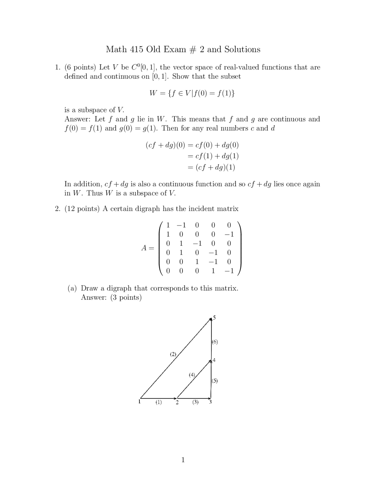 Applied Linear Algebra Exam 2 With Solutions Math 415 Docsity