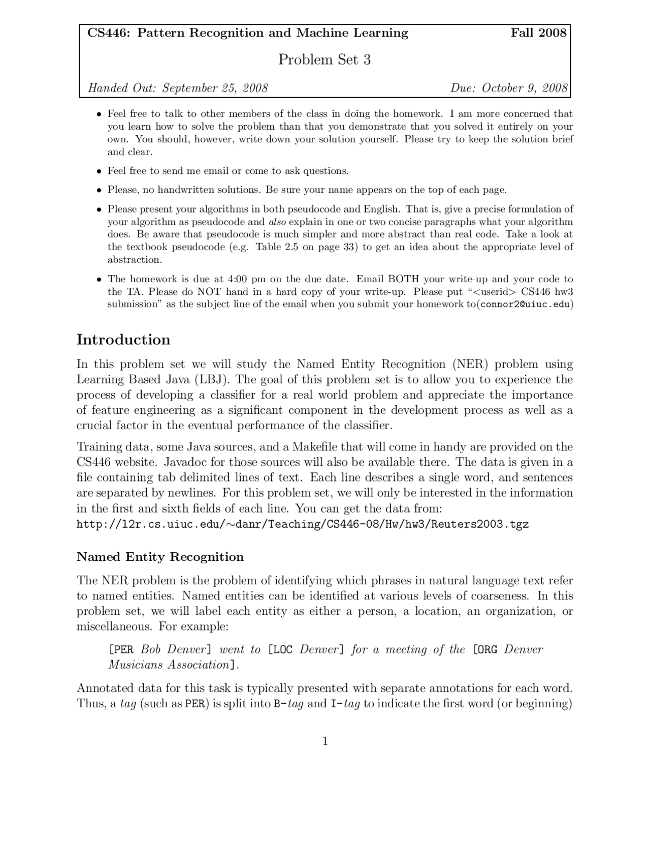 An Introduction to Named Entity Recognition and Learning Based Java | CS 446 - Docsity