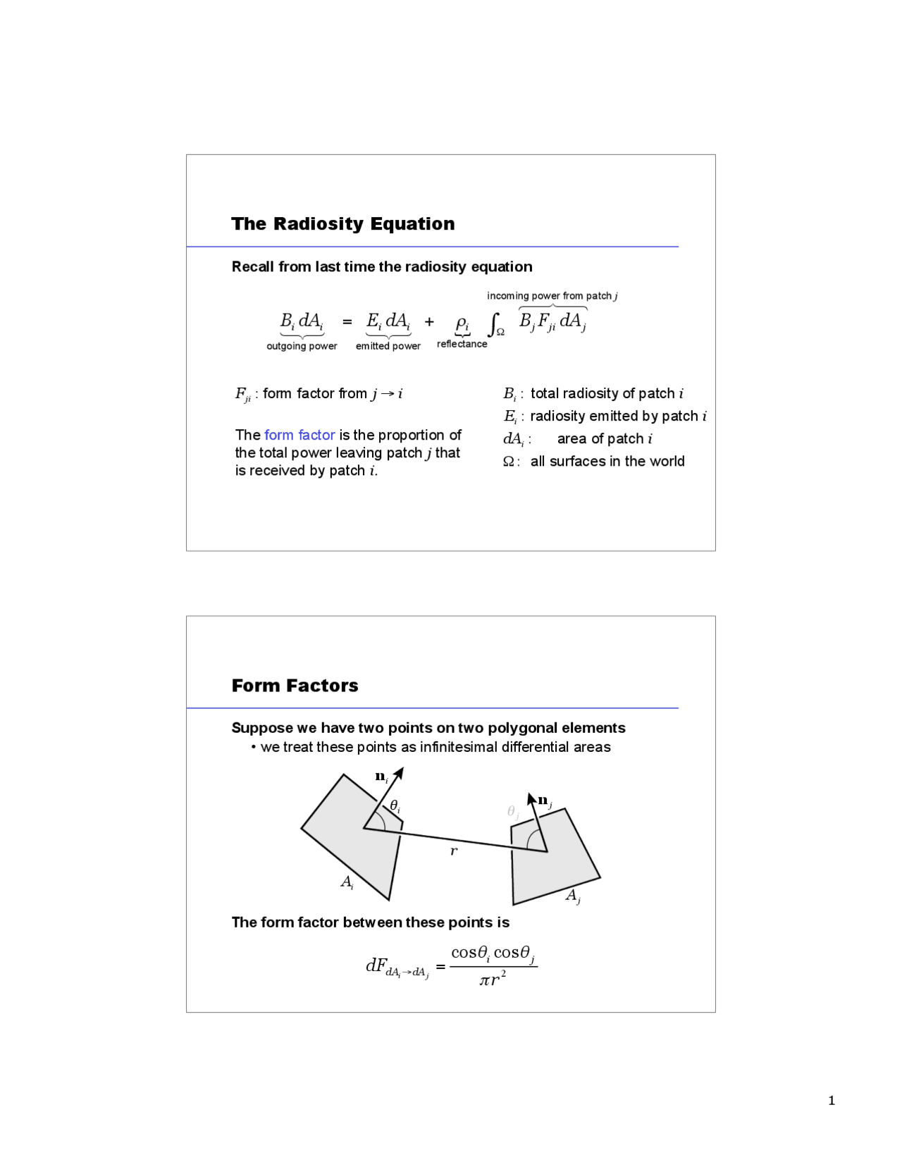 The Radiosity Equation Form Factors Lecture Slides Cs 418 Docsity