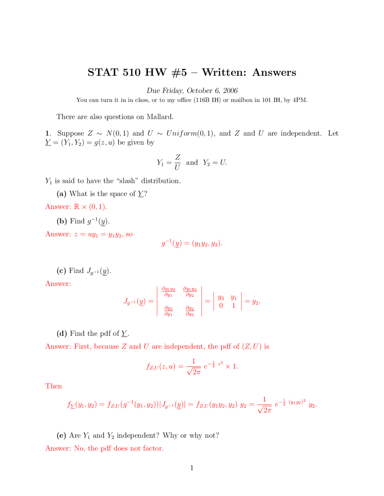 Homework 5 With Answers Mathematical Statistics I Stat 510