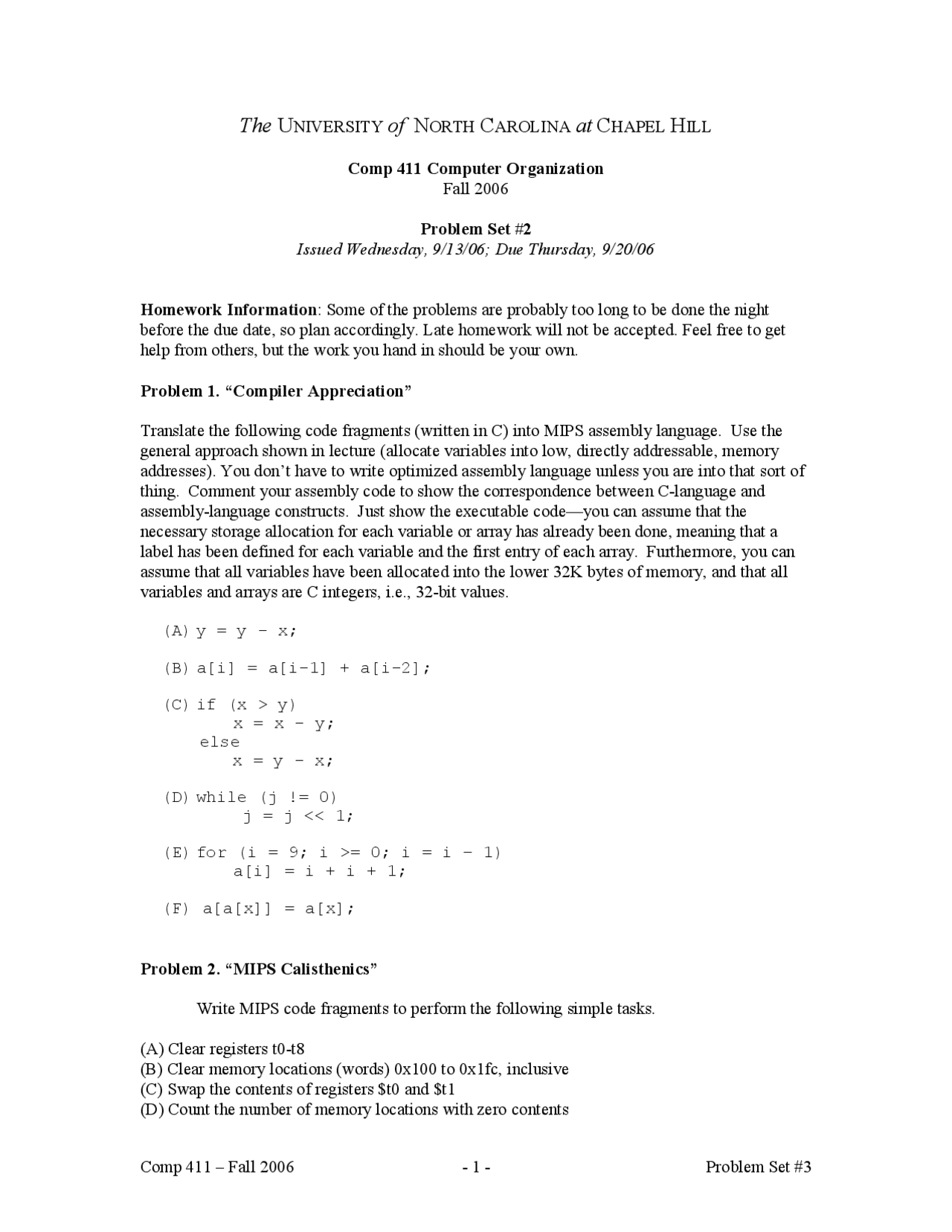 Problem Set 2 Computer Organization Comp 411 Docsity