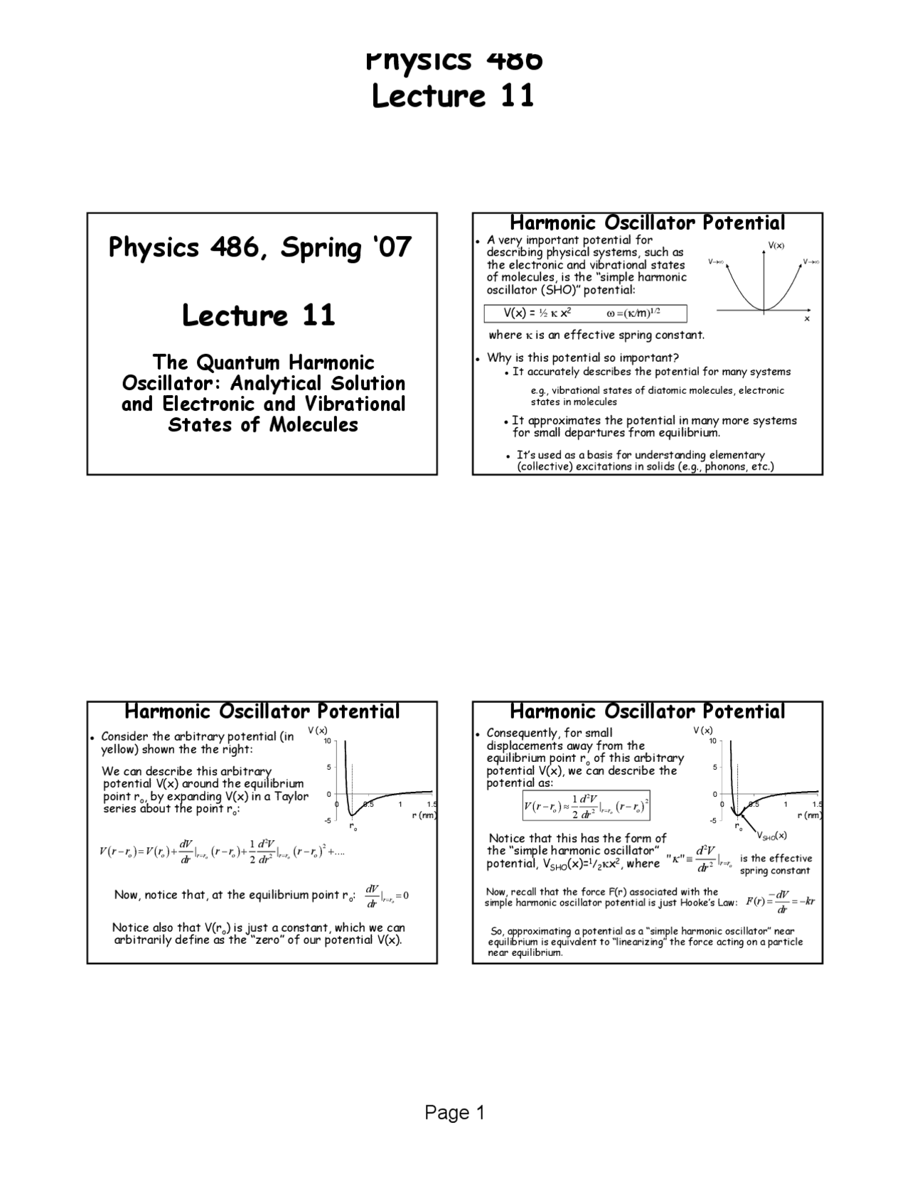 Harmonic Oscillator - Quantum Physics I - Lecture Slides | PHYS 486 - Docsity
