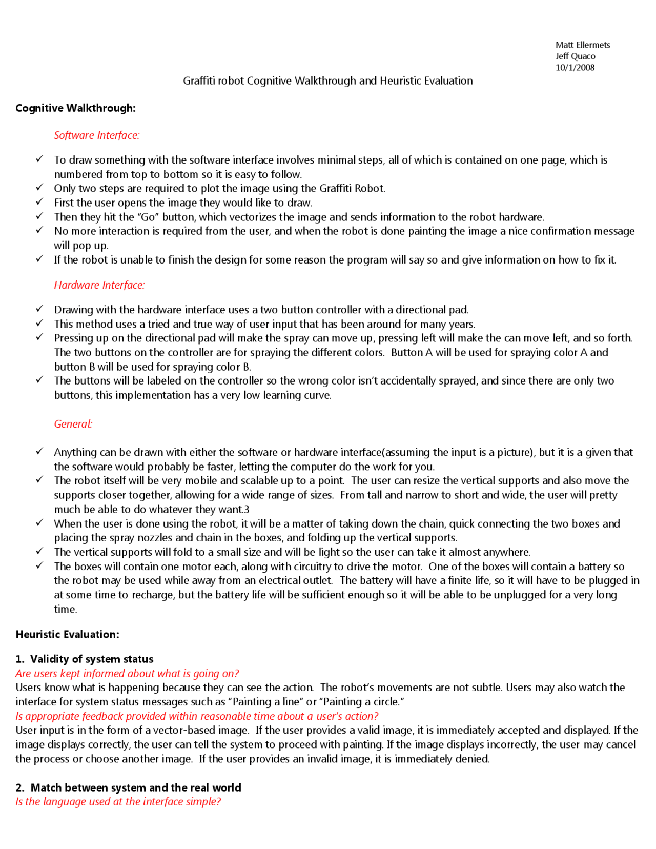 Graffiti Robot Cognitive Walkthrough - User Interface Design | CS 465 - Docsity