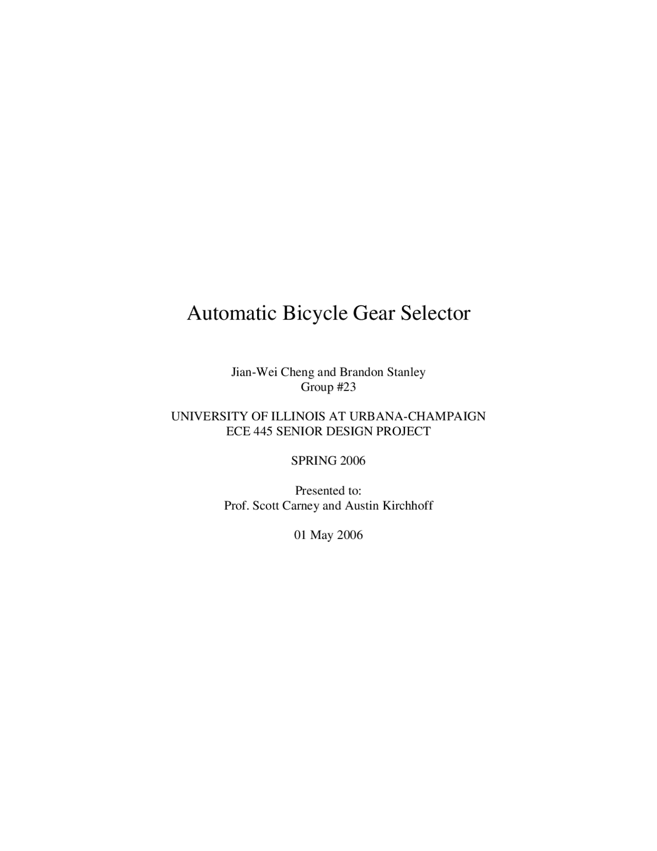 Automatic Bicycle Gear Selector Senior Design Project Lab Ece 445