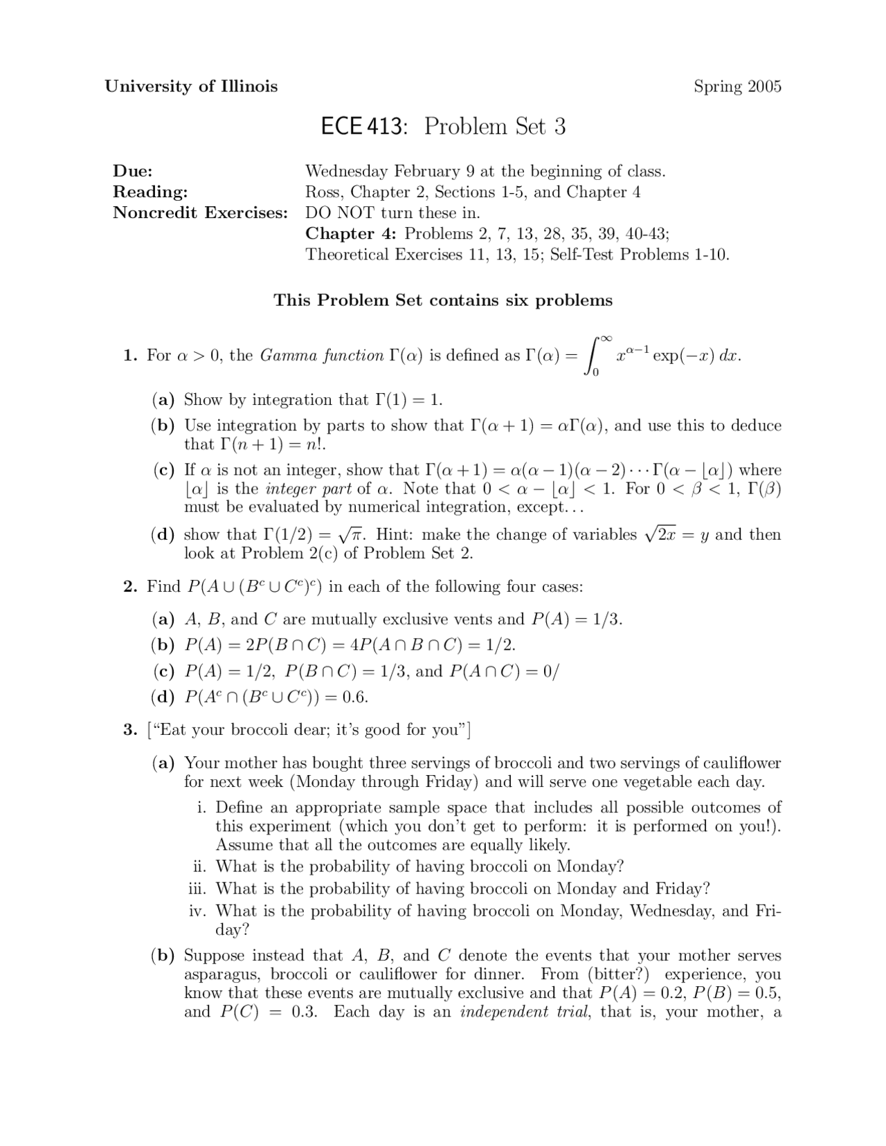 Problem Set 3 on Probability with Engineering Applications | ECE 313 ...