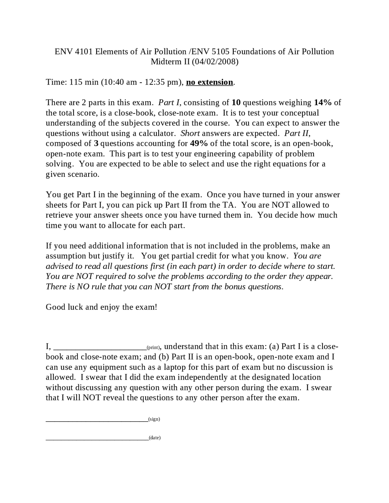 Elements Of Air Pollution Midterm Exam Env 4101 Docsity