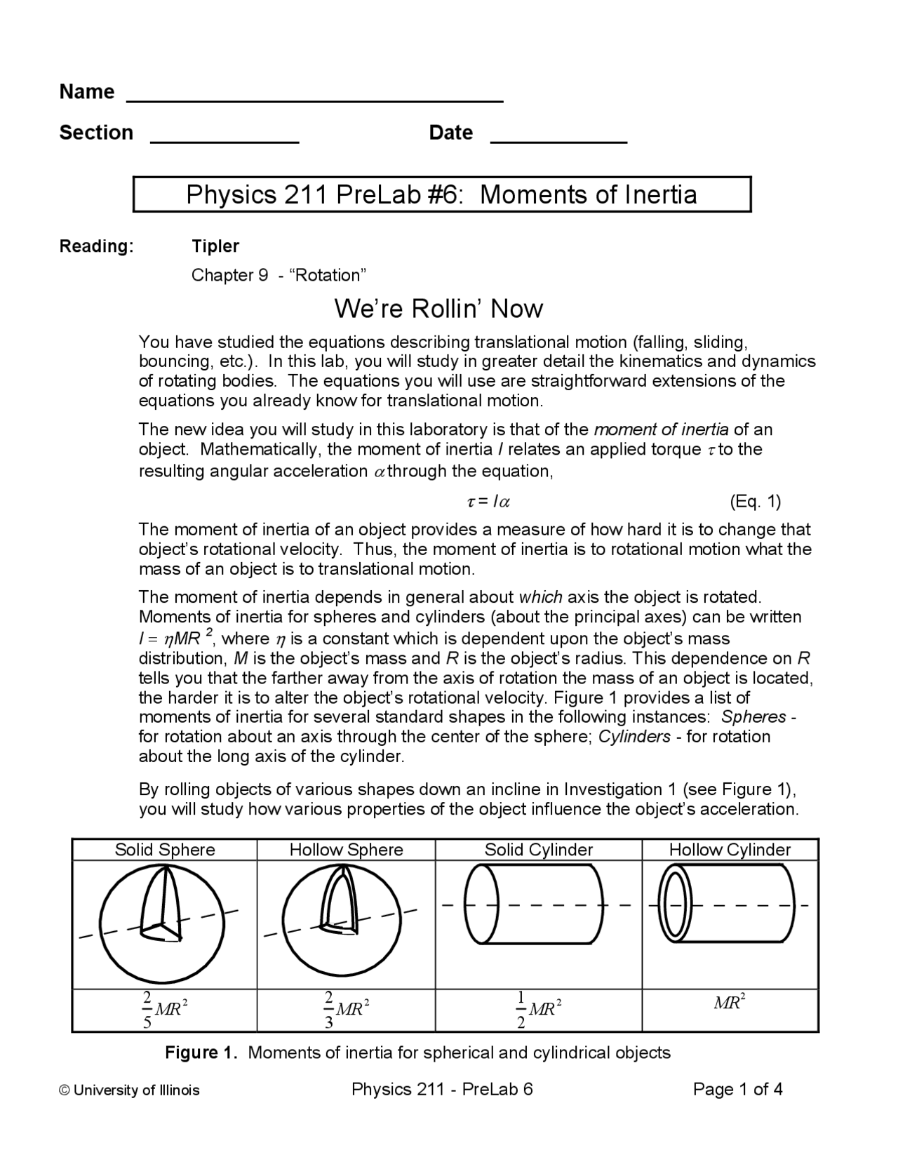 Moment of Inertia, Rotation - Mechanics Physics | PHYS 211 - Docsity