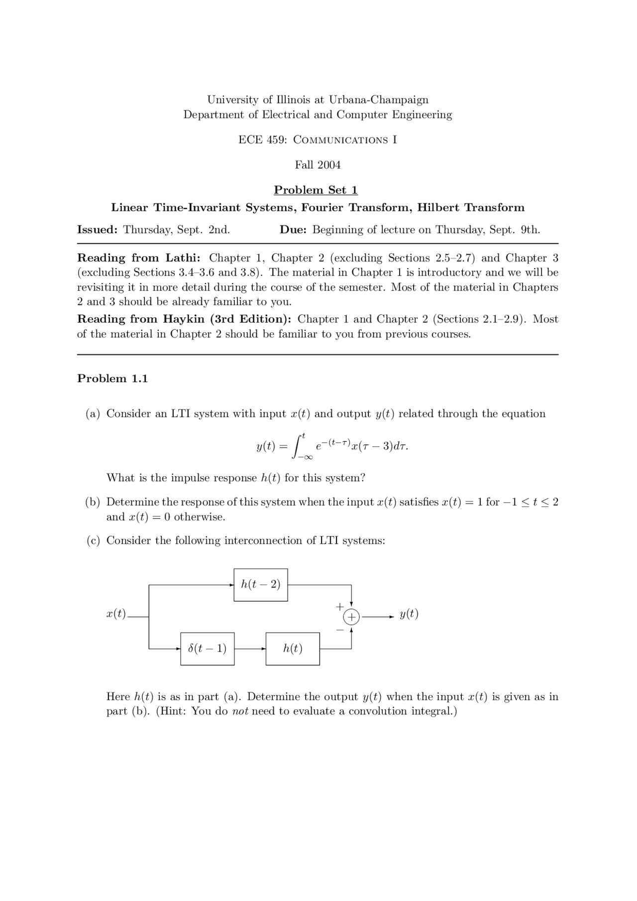 Problem Set 1 For Linear Time Invariant System Fourier Transform