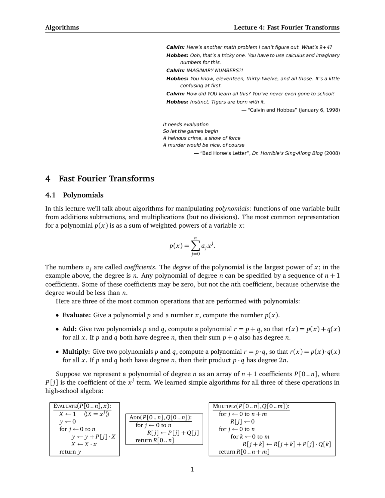 Lecture Notes On Fast Fourier Transforms Algorithms Cs 573 Docsity