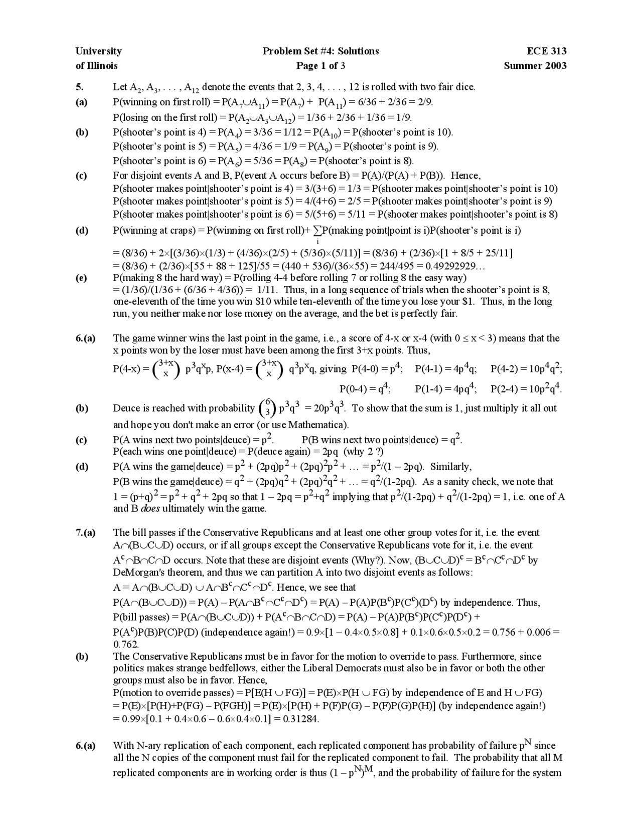 Problem Set 4: Solutions - Probability with Engineering Application | ECE 313 - Docsity