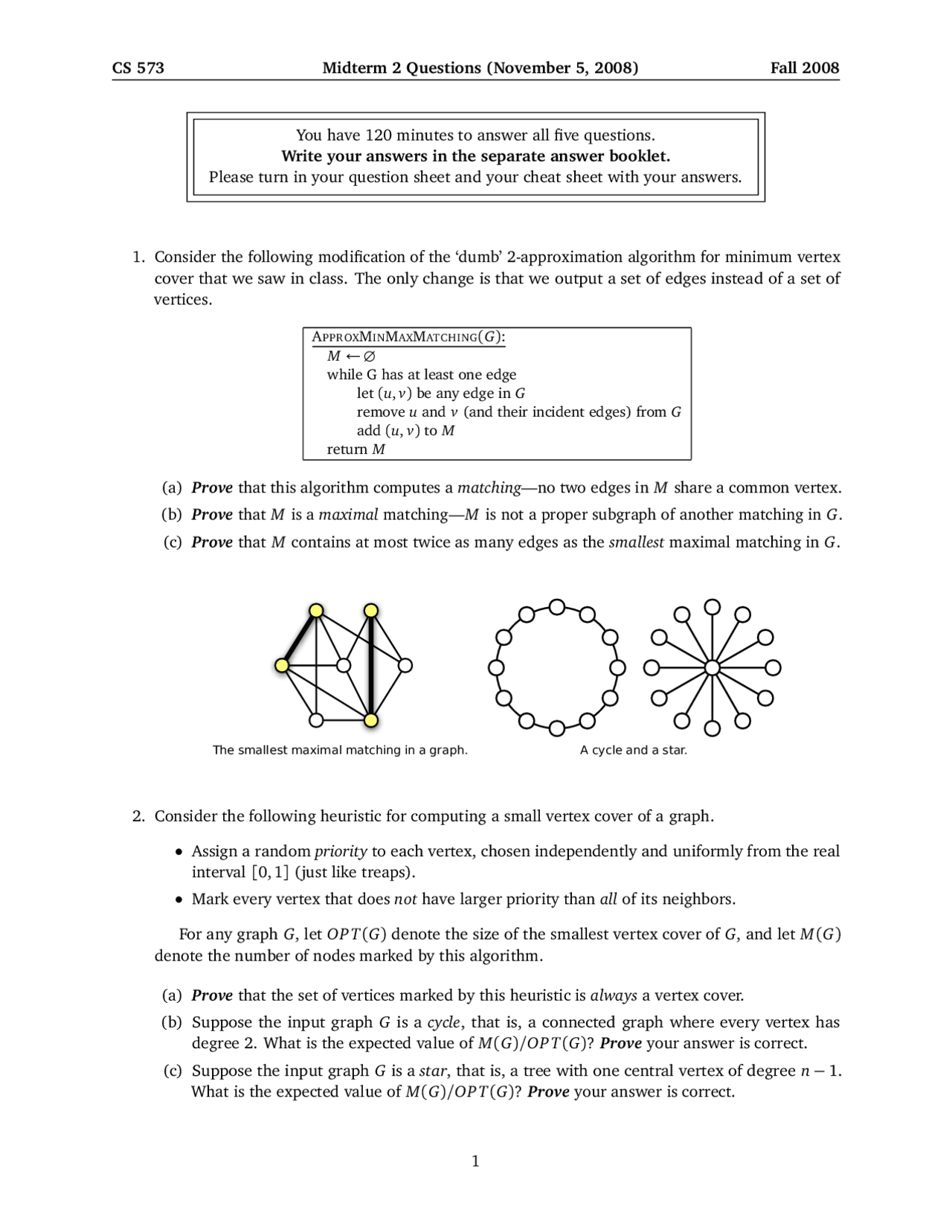 5 Questions With Parts On Algorithms Midterm Exam Cs 573 Docsity