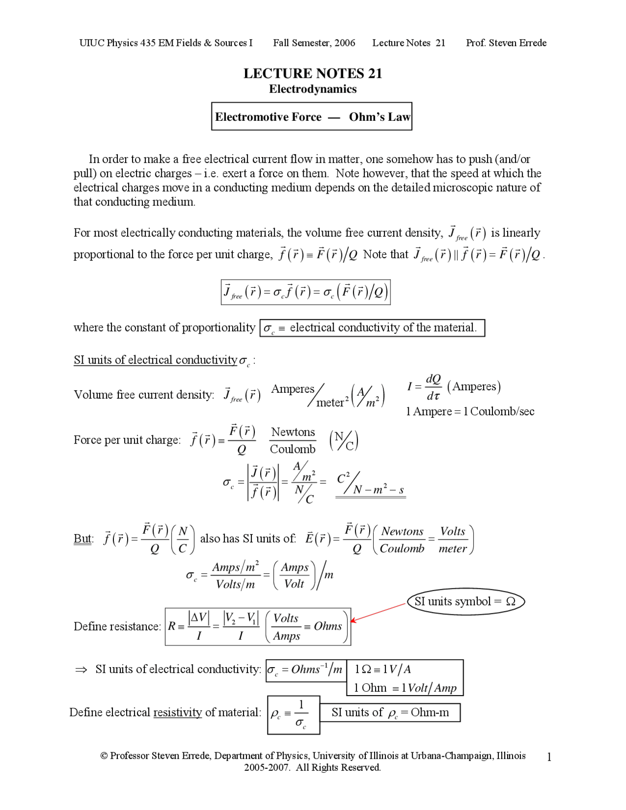 Electromotive Force Ohm's Law - Lecture Notes | PHYS 435 - Docsity