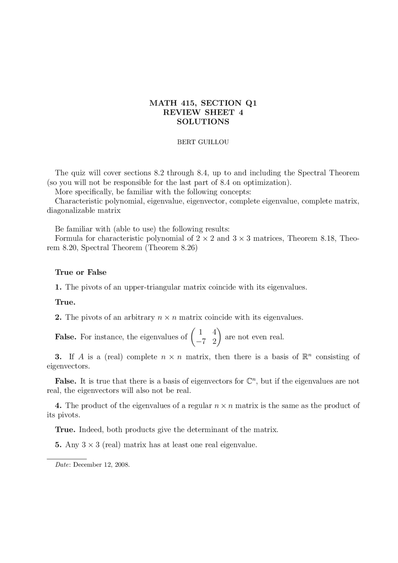 Review Sheets 4 Solution for Applied Linear Algebra | MATH 415 - Docsity