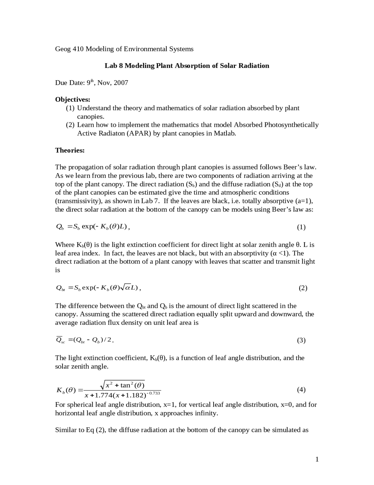 Lab 8 Modeling Plant Absorption Of Solar Radiation Geog 410 Docsity