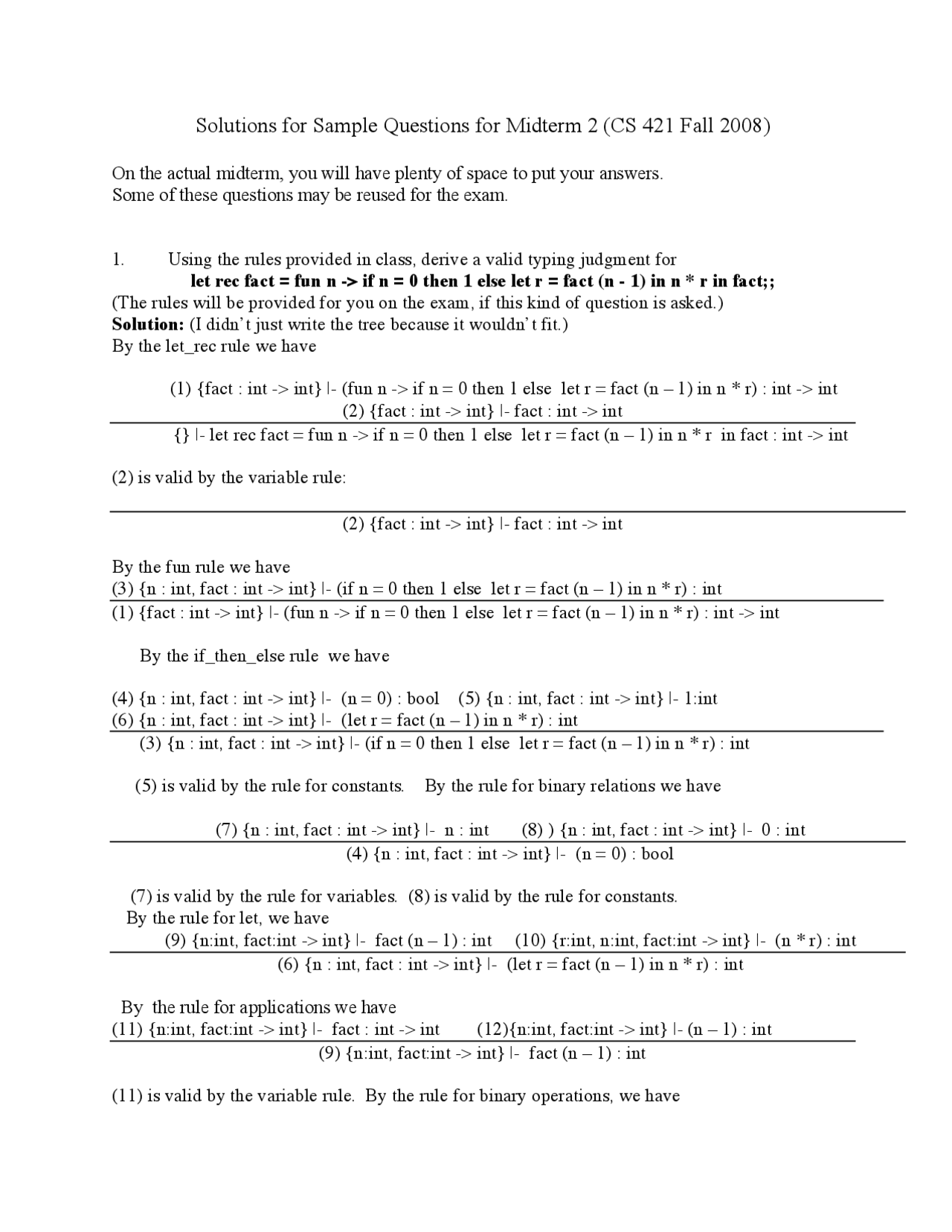 Solutions for CS 421 Midterm 2 (Fall 2008) | Exams Computer Science | Docsity