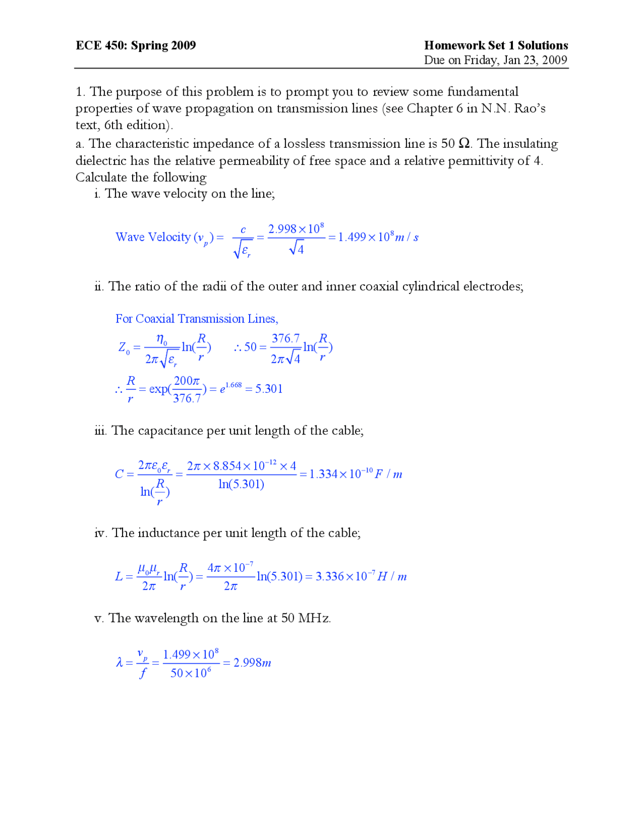 Homework 1 Solutions Lines Fields And Waves Ece 450 Docsity